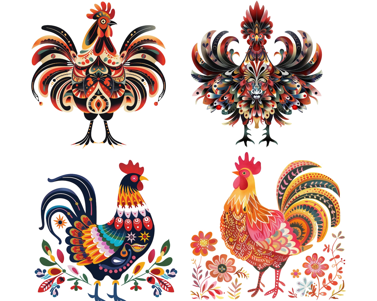 Folk Art Roosters CLIPART PNG Files Commercial Use Transparent ...