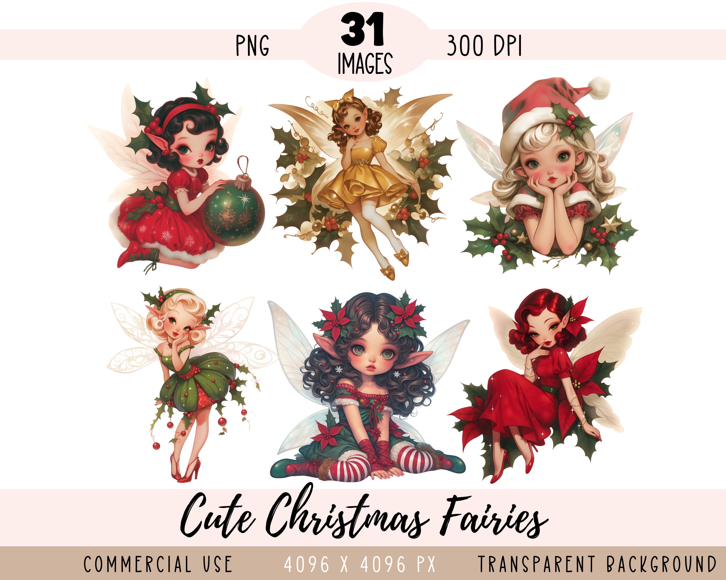 Christmas Fairies CLIPART PNG Files, Retro Fairy Sublimation, Vintage ...