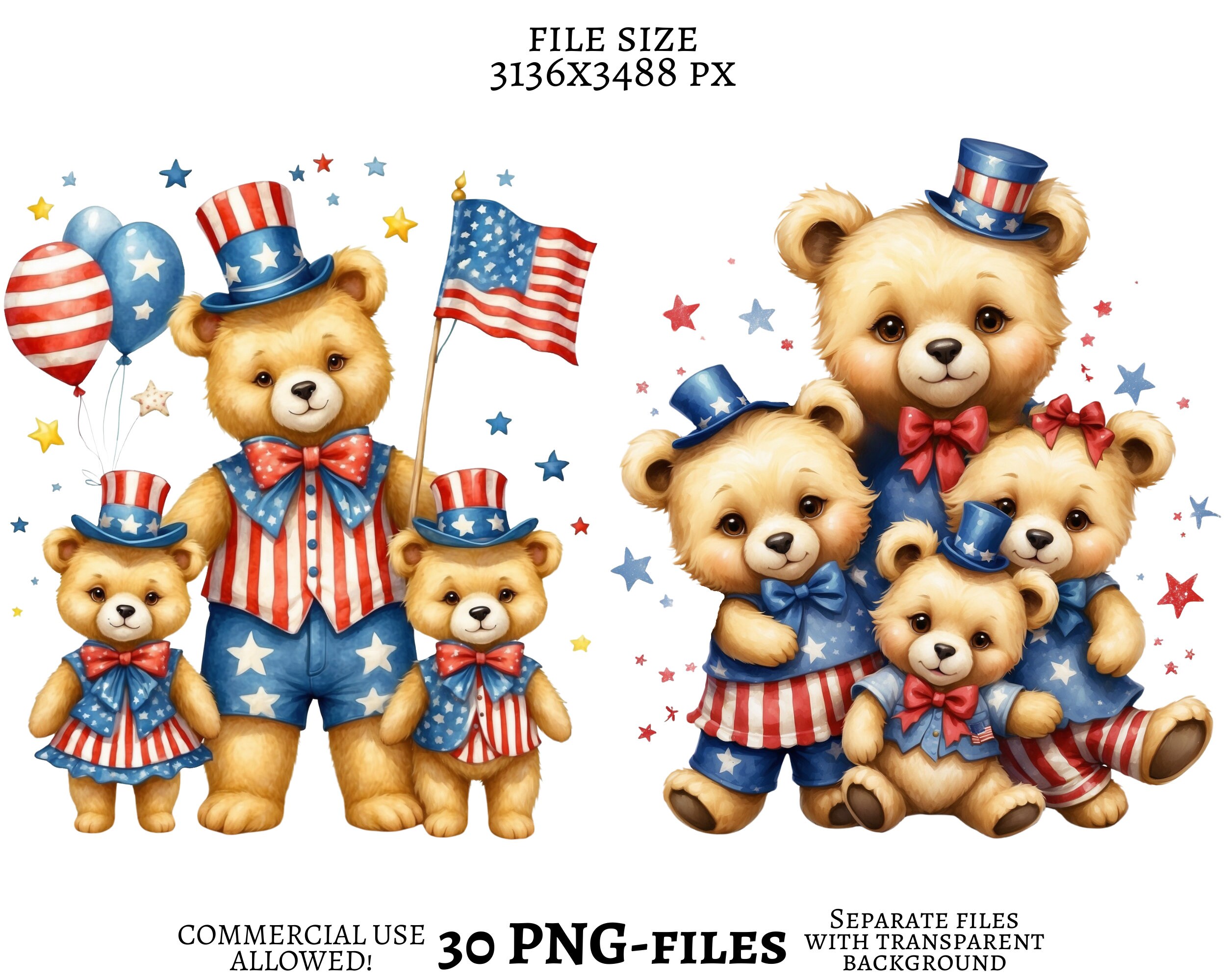 4th of July Teddy Bears CLIPART PNG Files Commercial Use Transparent ...