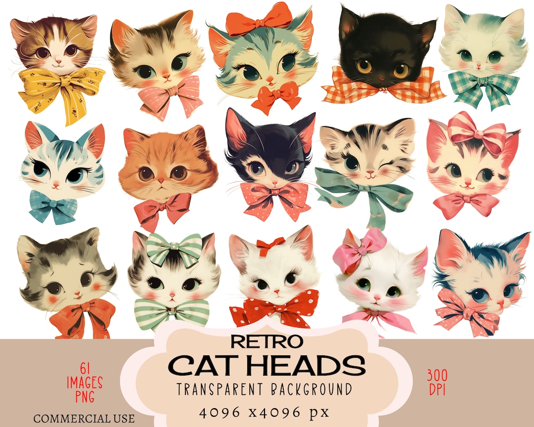 Retro Cat Heads CLIPART PNG Files Commercial Use Transparent Background ...