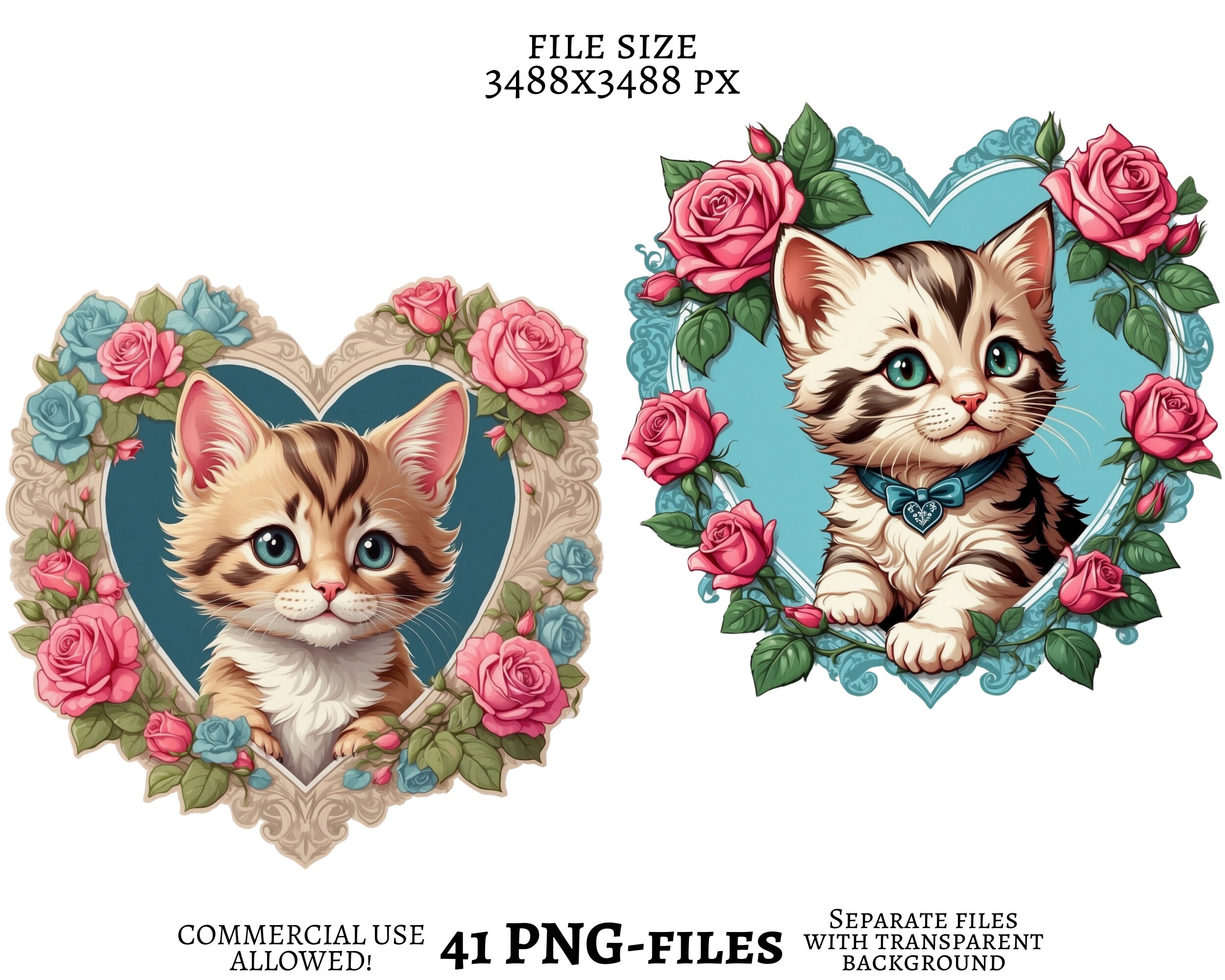 Cats in Hearts CLIPART PNG Files Commercial Use Transparent Background ...