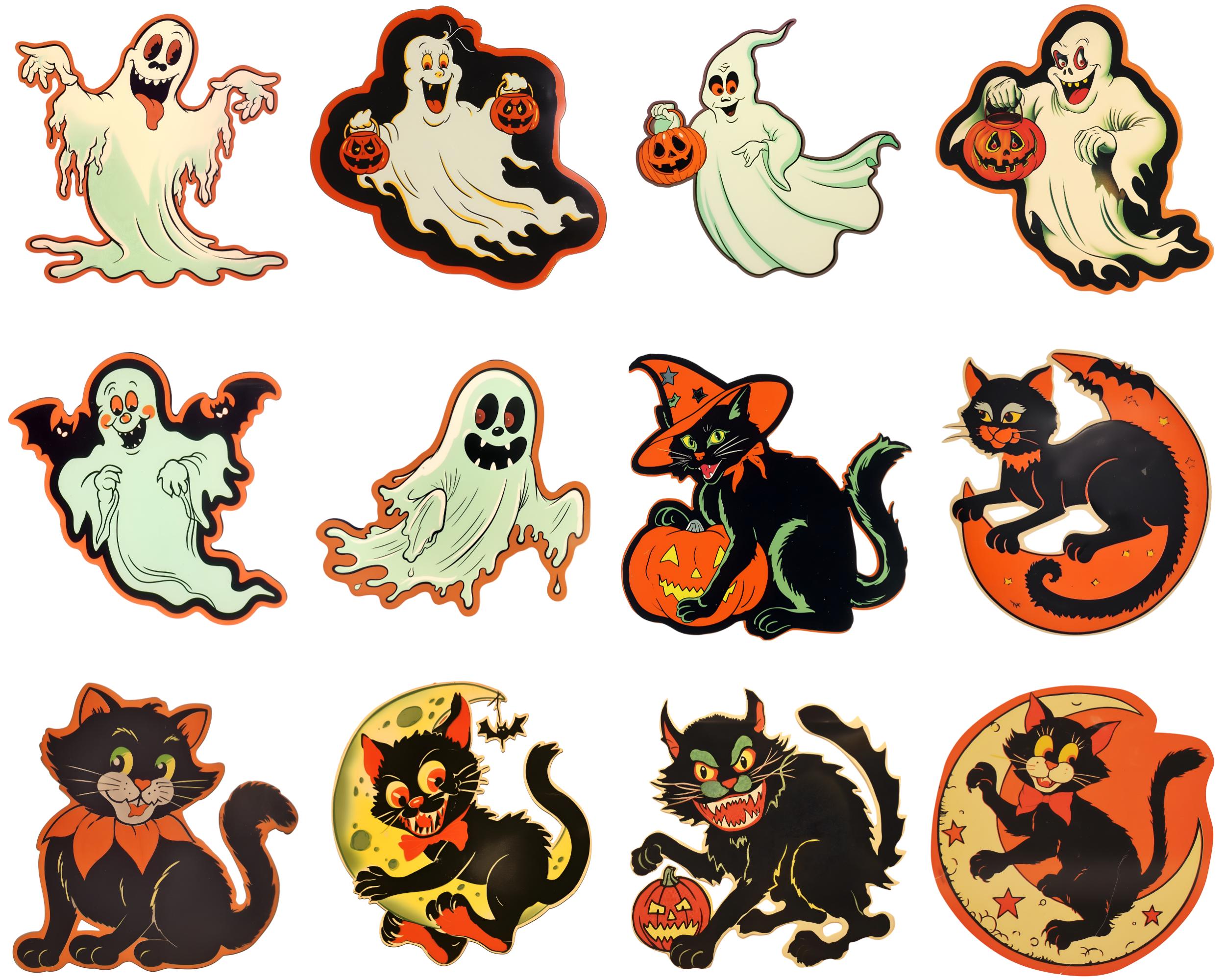 Retro Halloween CLIPART PNG File, Black Cat Sublimation, Vintage Ghost ...
