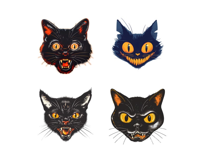 Halloween Black Cat Heads CLIPART PNG Files, Retro Sublimation Vintage ...