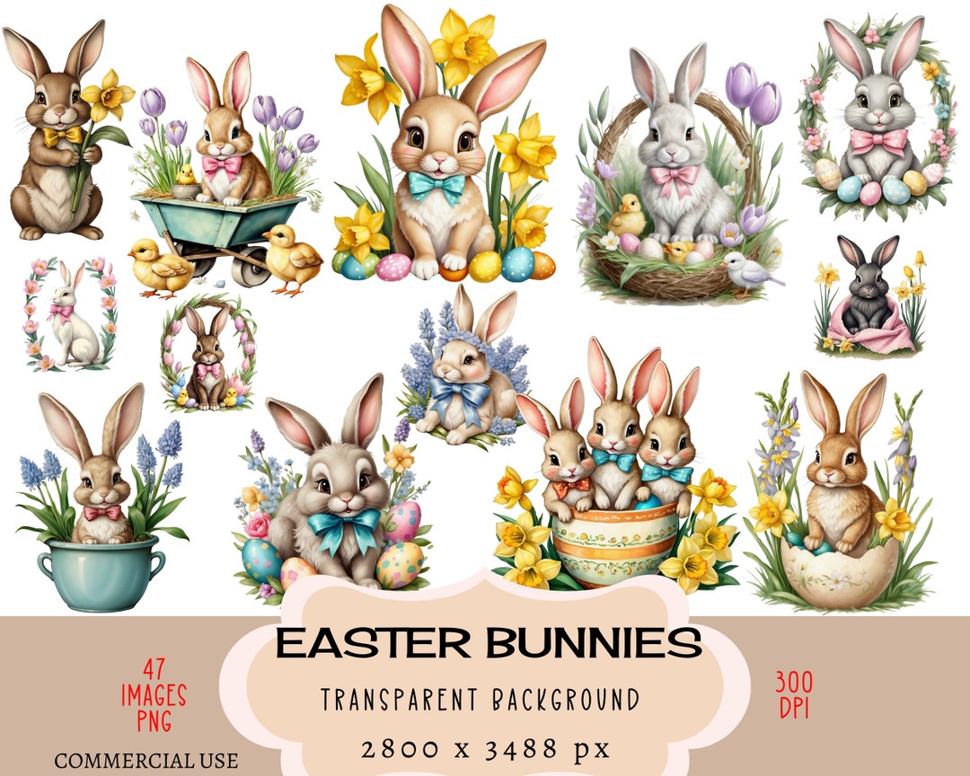 Easter Bunnies CLIPART PNG Files Commercial Use Transparent Background ...