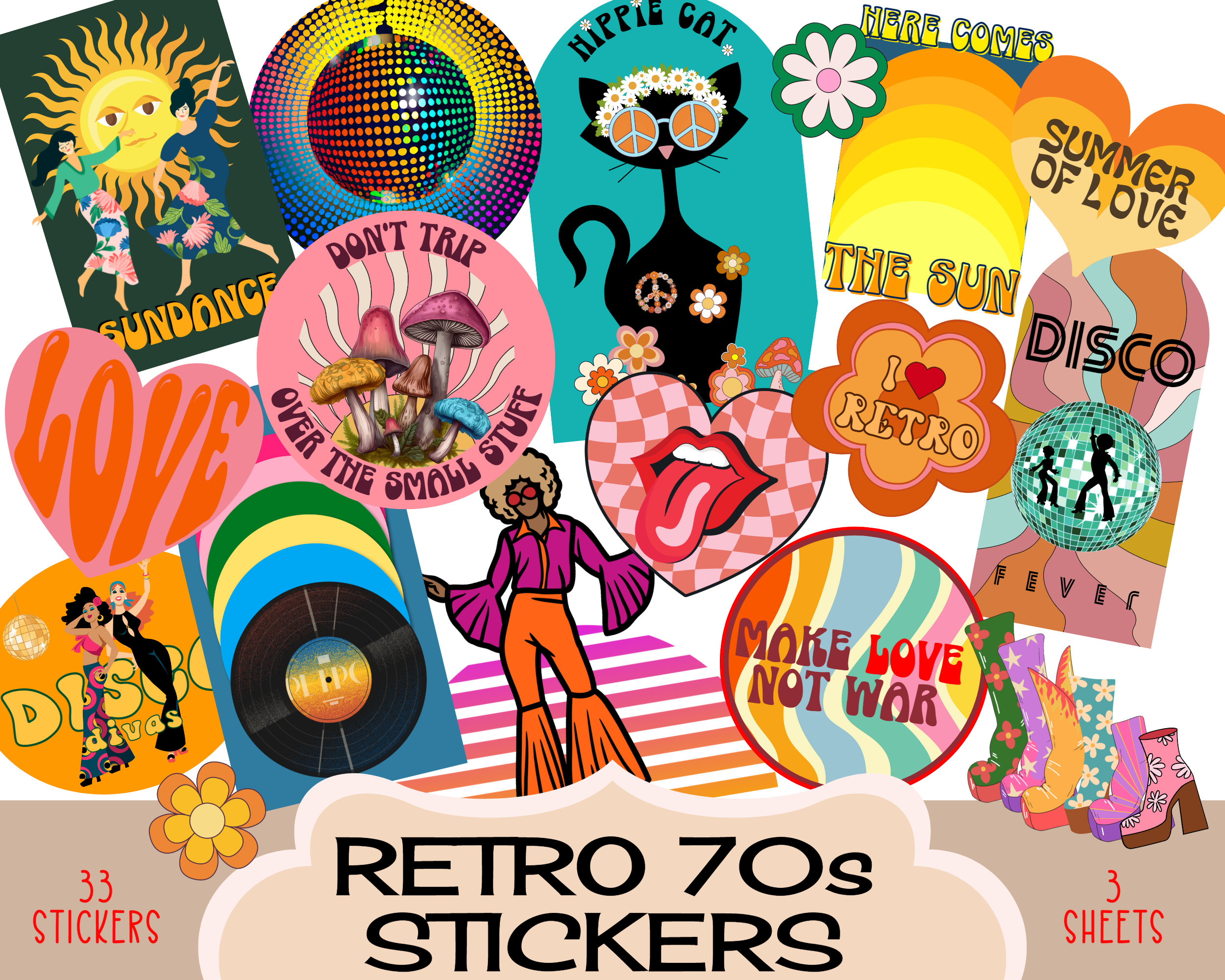 RETRO 70s STICKERS Downloadable Printable Instant Download - Etsy