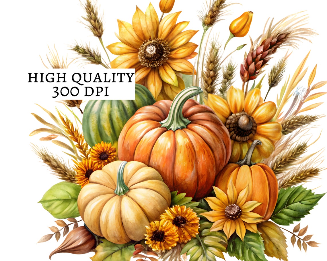 Autumn Harvest Time CLIPART PNG File, Pumpkin Sublimation, Sunflower ...