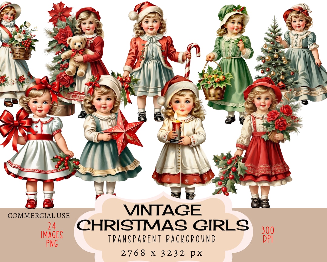 Vintage Christmas Girls CLIPART PNG Files Commercial Use Transparent ...