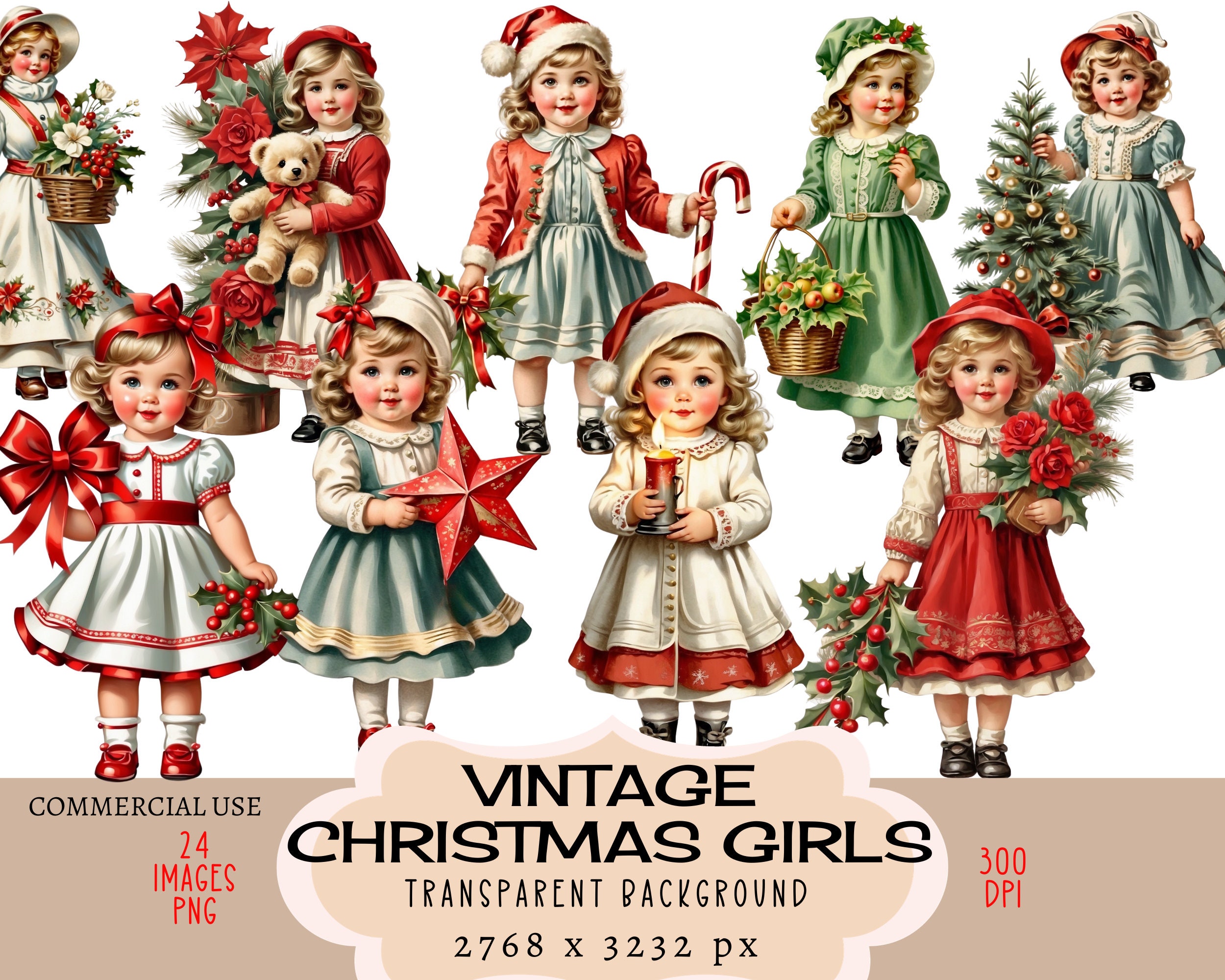 Vintage Christmas Girls CLIPART PNG Files Commercial Use Transparent ...