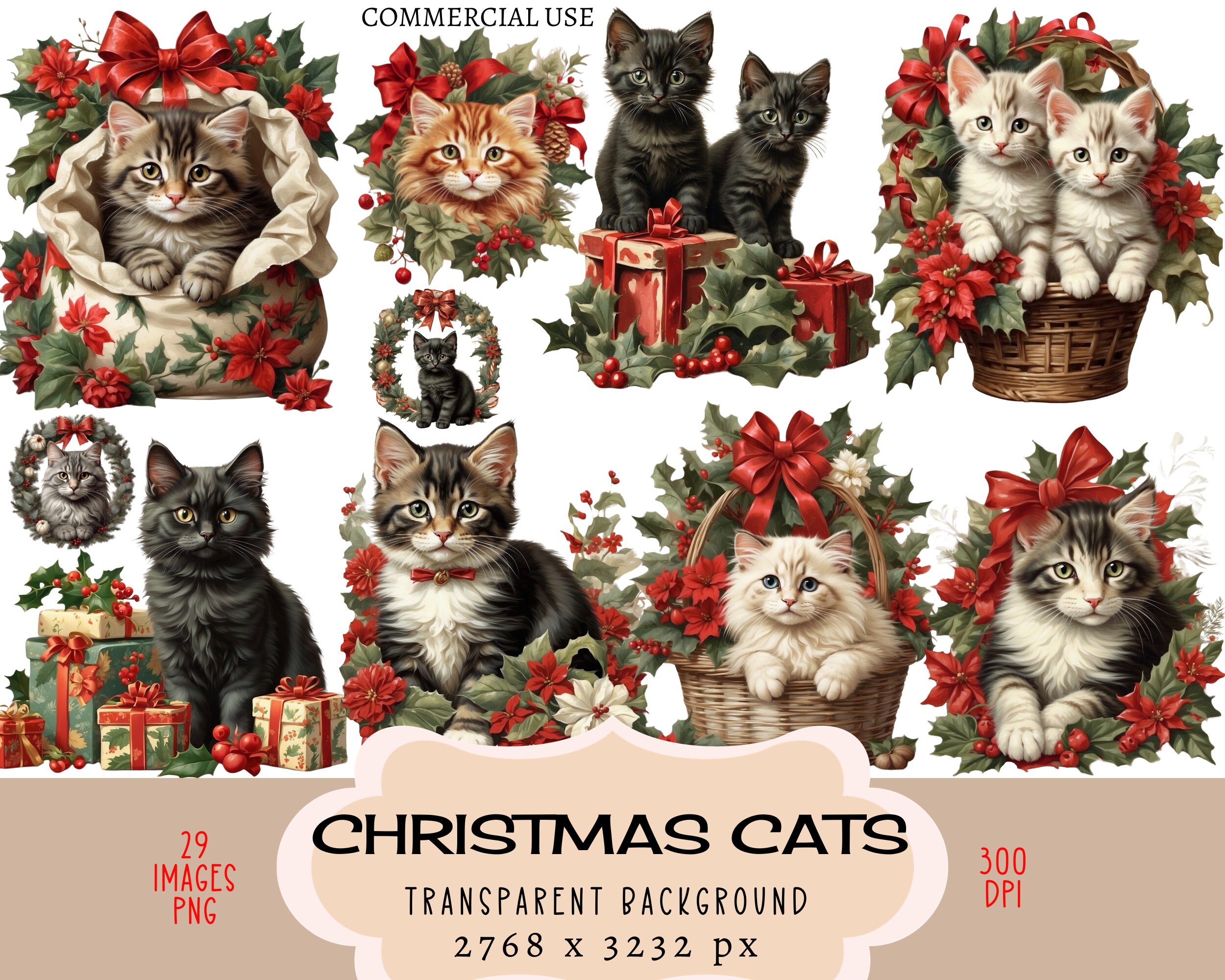 Christmas Cats CLIPART PNG Files Commercial Use Transparent Background ...