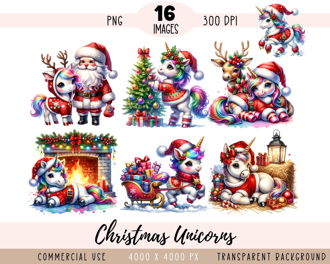 Christmas Unicorns CLIPART PNG File, Baby Unicorn Sublimation, Santa ...