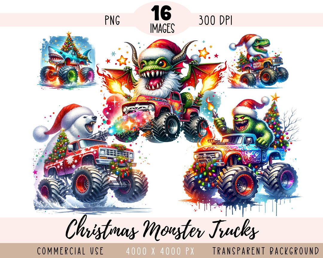Christmas Monster Trucks CLIPART PNG Files, Extreme Offroad Vehicle ...