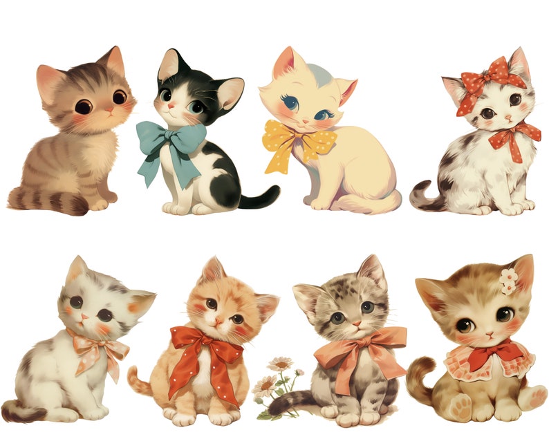 Vintage Cats CLIPART PNG Files, Retro Kitten Cute Kitty, Commercial Use ...