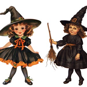 Vintage Witch Girls CLIPART PNG Files, Halloween Costume Outfit, Hat ...
