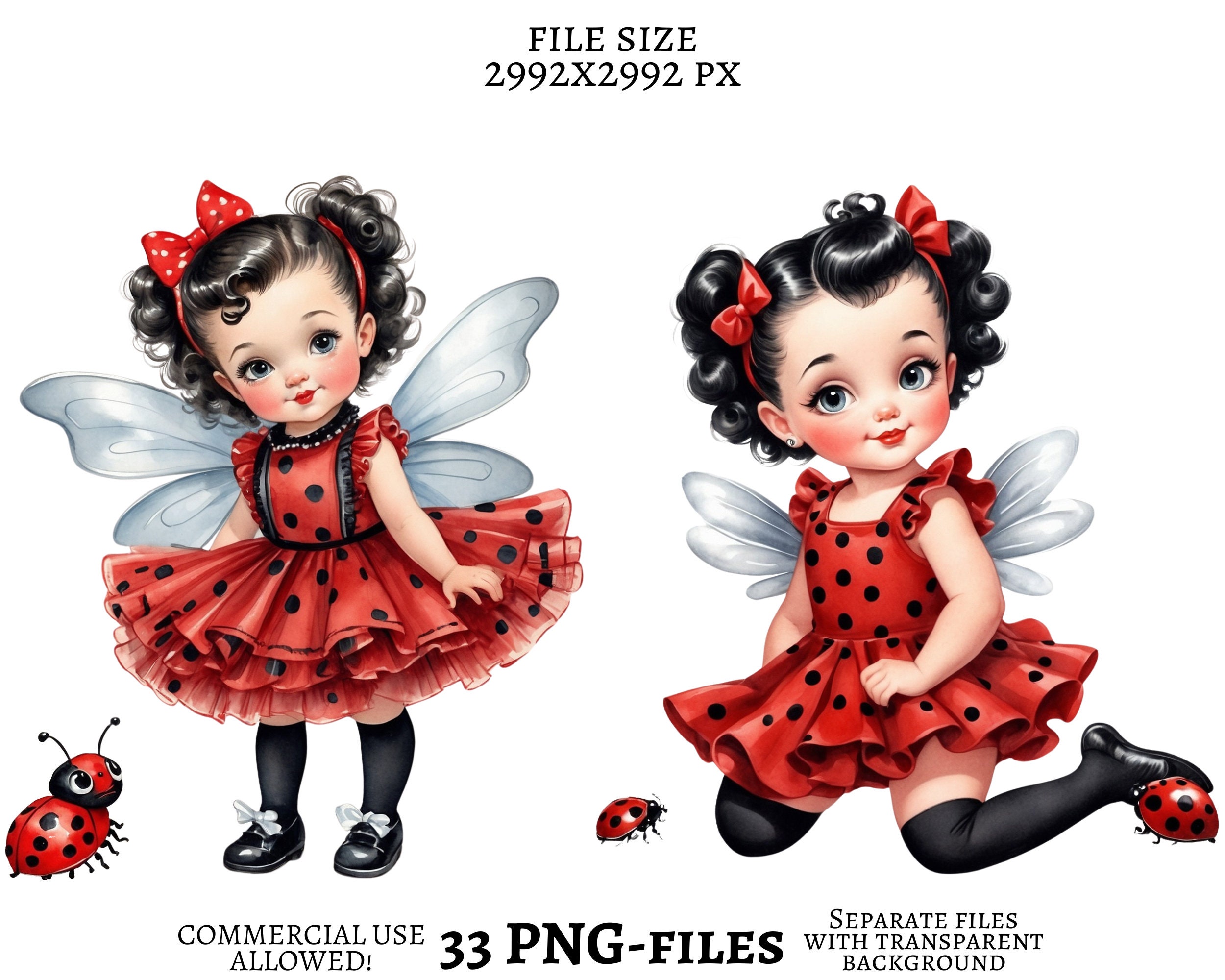 Ladybug Girls CLIPART PNG Files Commercial Use Transparent Background ...