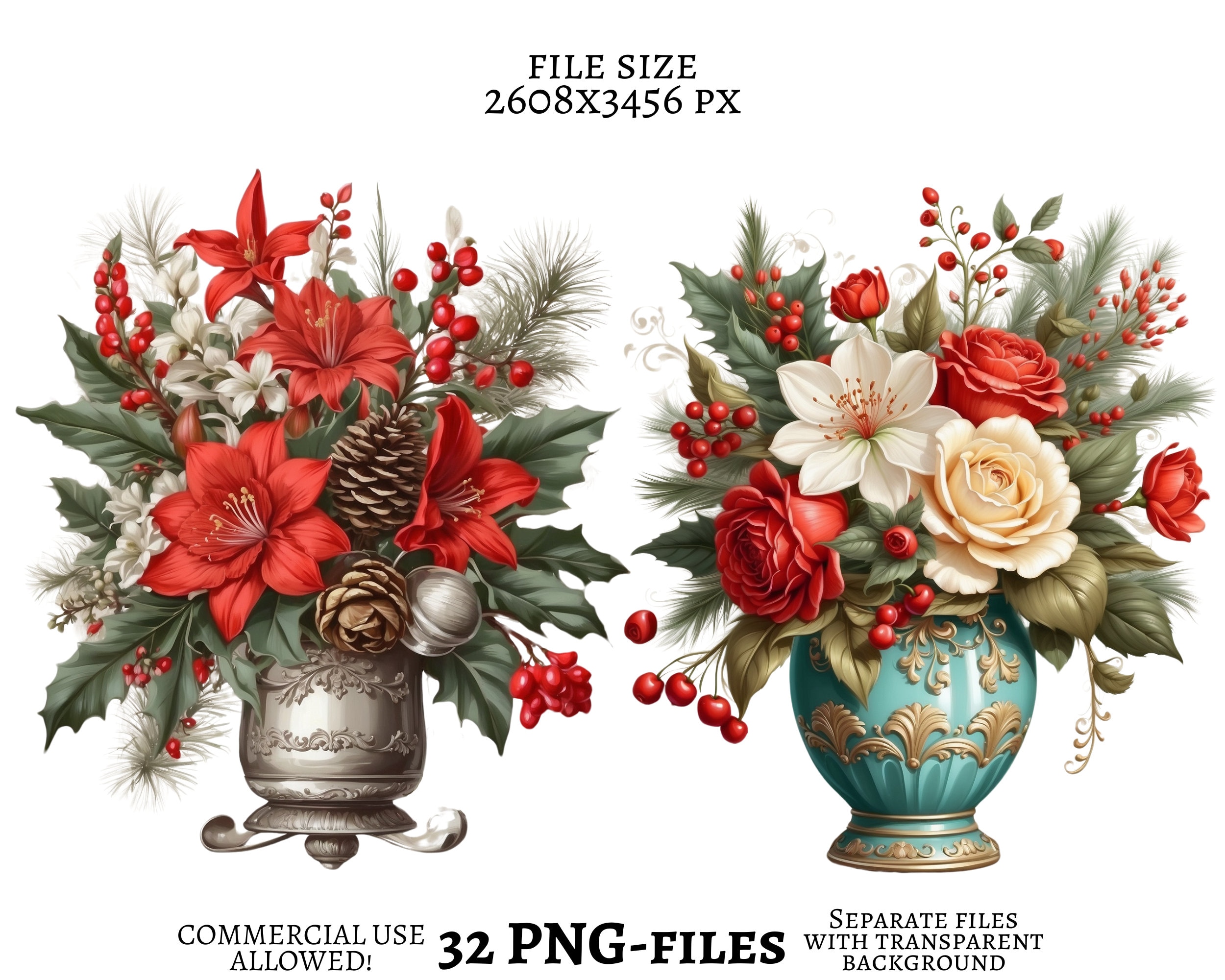 Christmas Flowers Candles CLIPART PNG Files Commercial Use Transparent ...