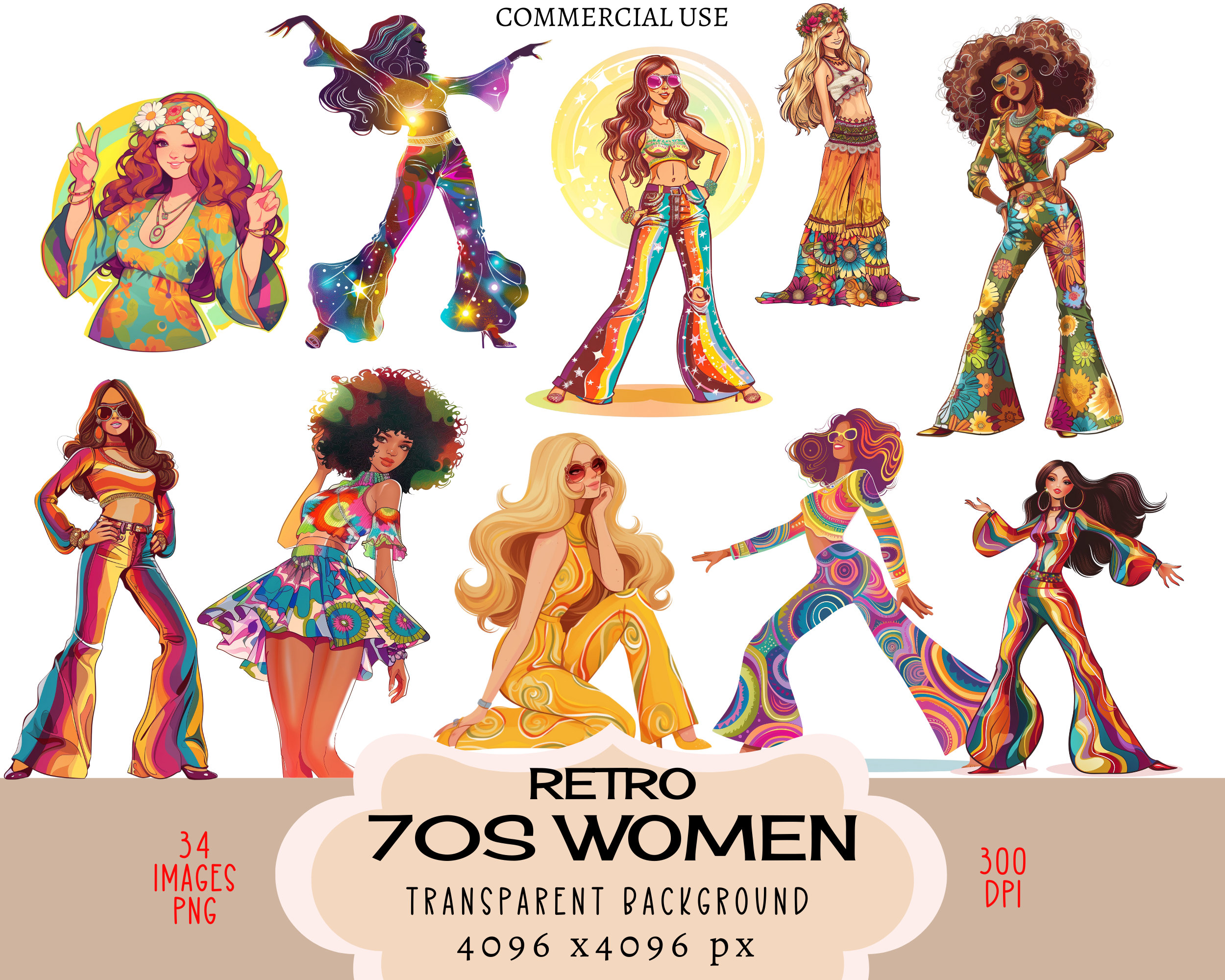 70s Groovy Women CLIPART PNG Files Commercial Use Transparent Background Retro 60s Funky Hippie ...