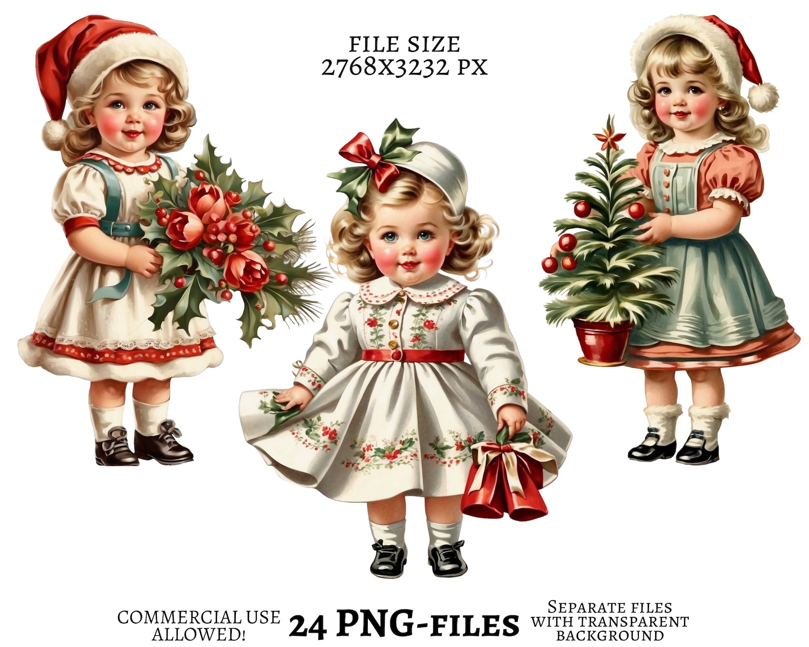 Vintage Christmas Girls CLIPART PNG Files Commercial Use Transparent ...