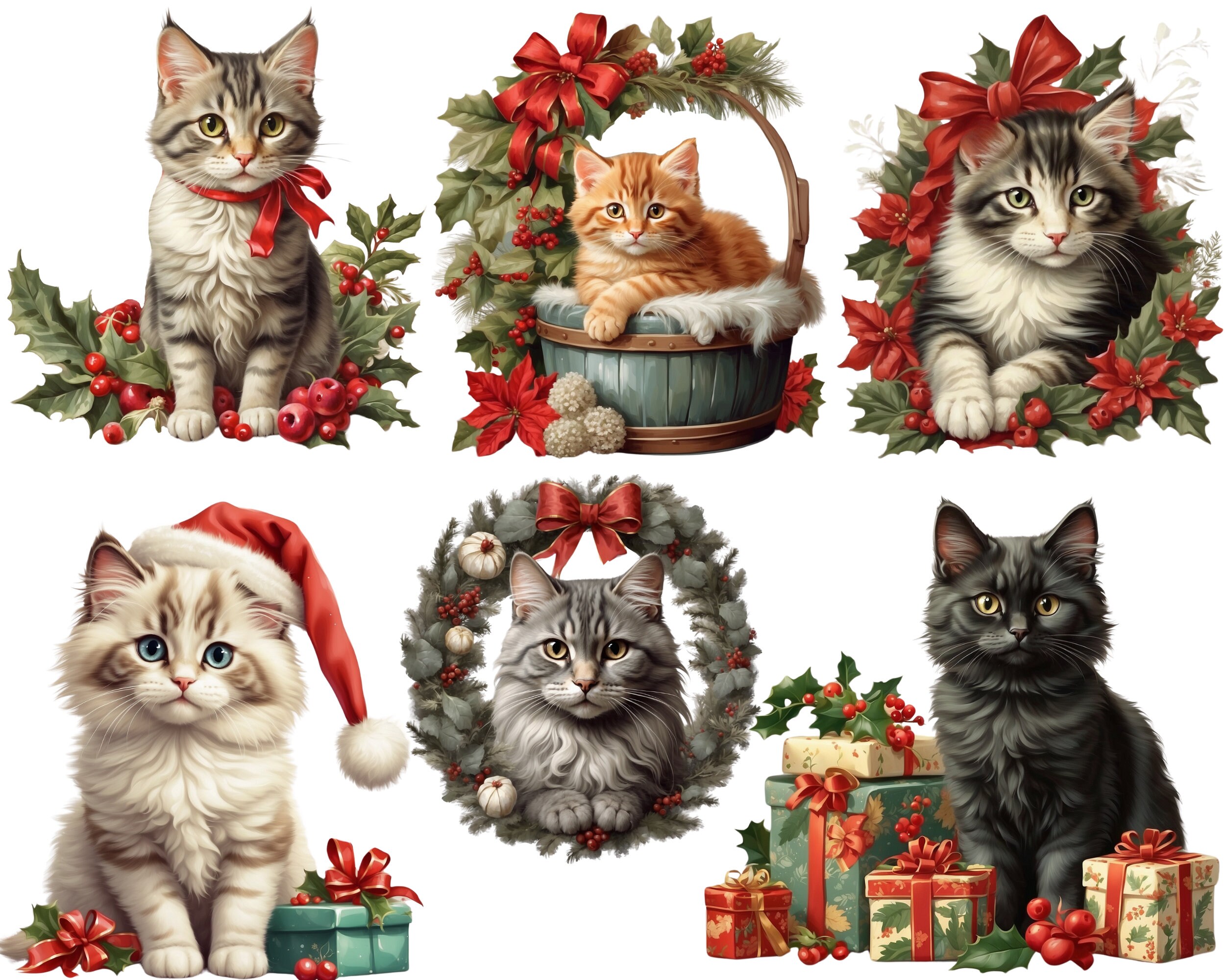 Christmas Cats CLIPART PNG Files Commercial Use Transparent Background ...