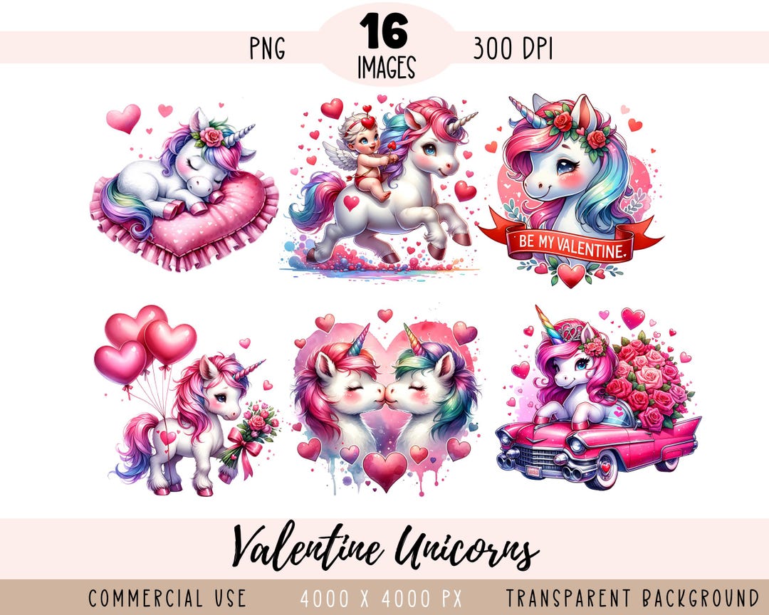 Valentine Unicorns CLIPART PNG Files, Pink Cadillac Sublimation Cupid ...