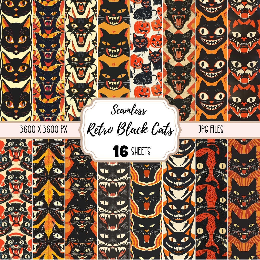 Retro Halloween Black Cats Digital Papers JPG, Seamless Crafting Paper ...