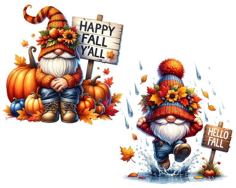 Hello Fall Gnome CLIPART PNG Files, Autumn Sublimation, Watercolor ...