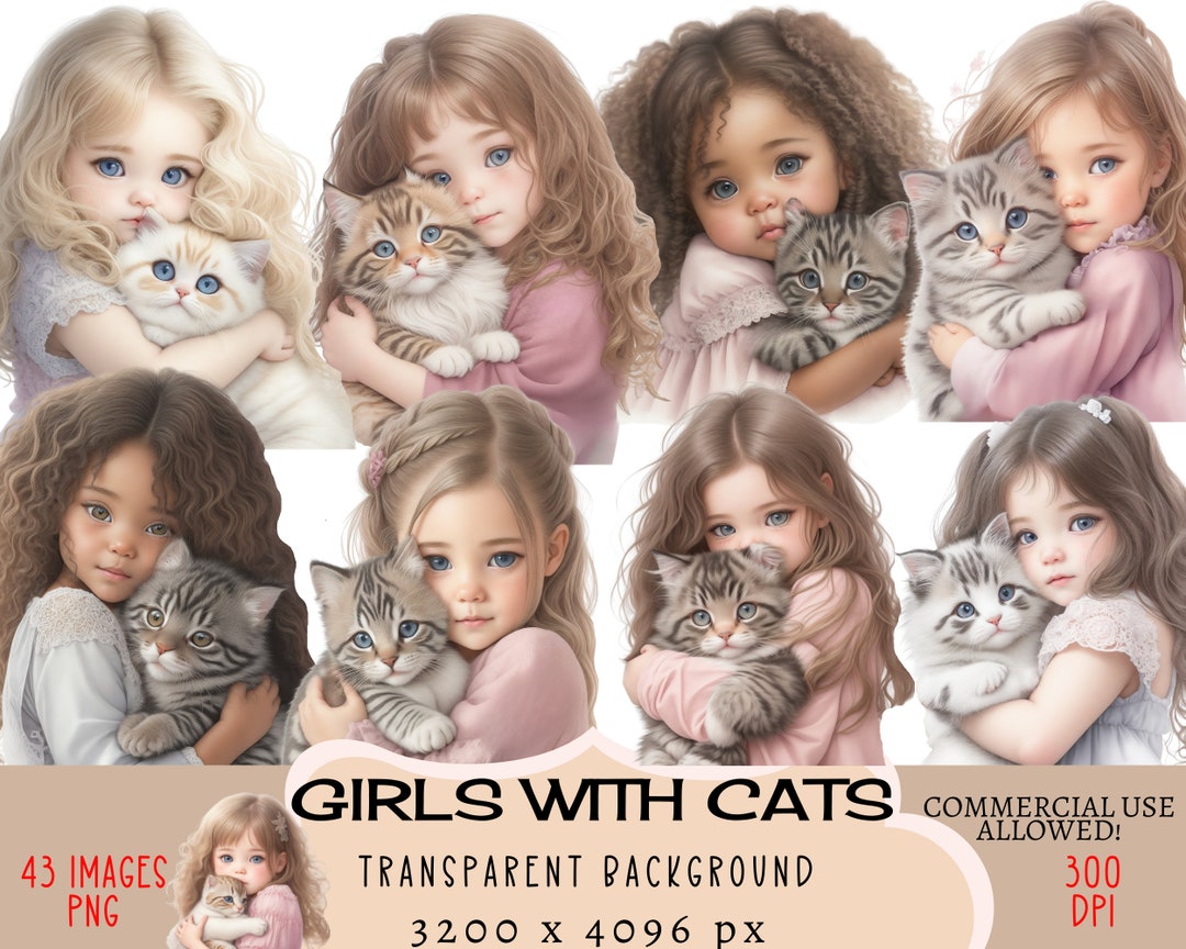Cute Little Girls With Cats CLIPART PNG Files Commercial Use ...
