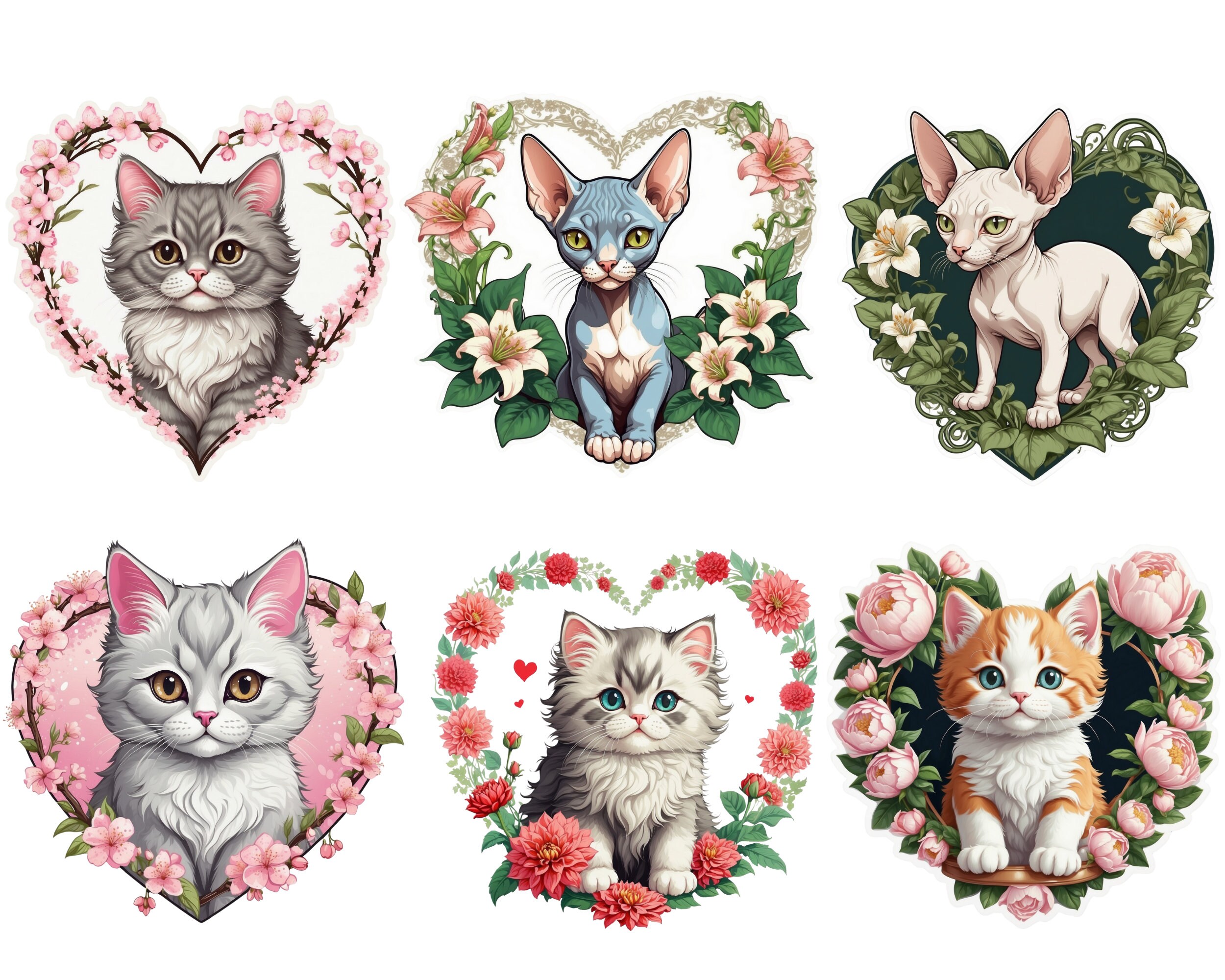 Cats in Hearts CLIPART PNG Files Commercial Use Transparent Background ...