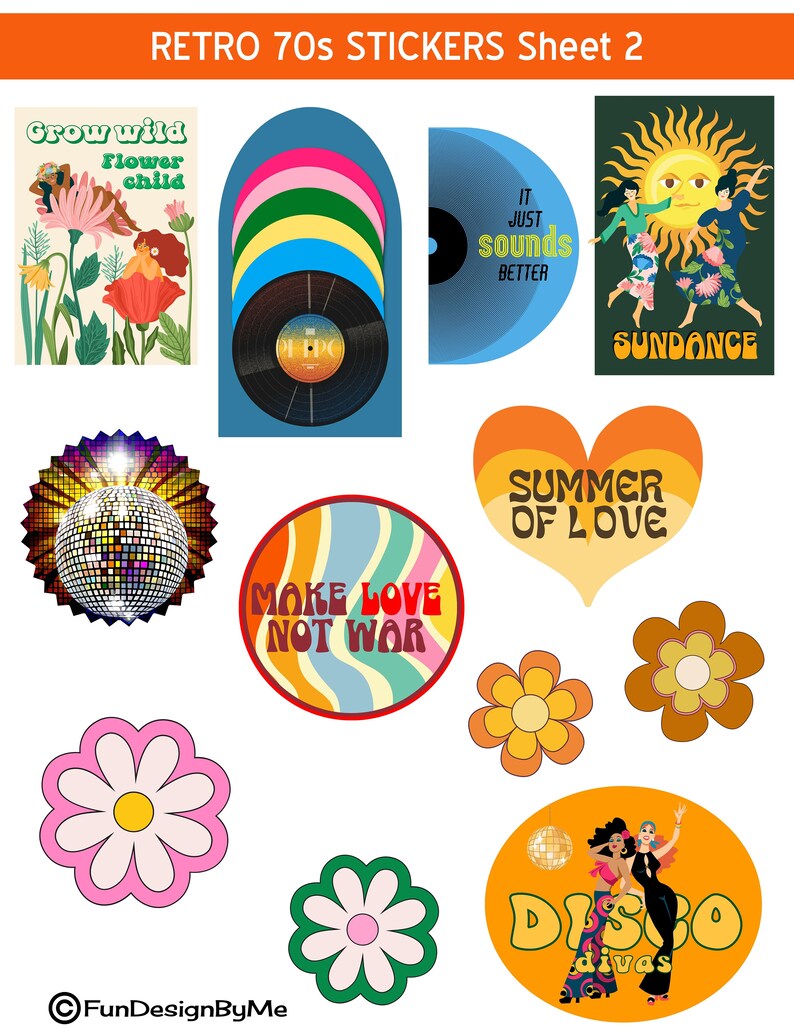 RETRO 70s STICKERS, Downloadable Printable JPG File Instant Download ...