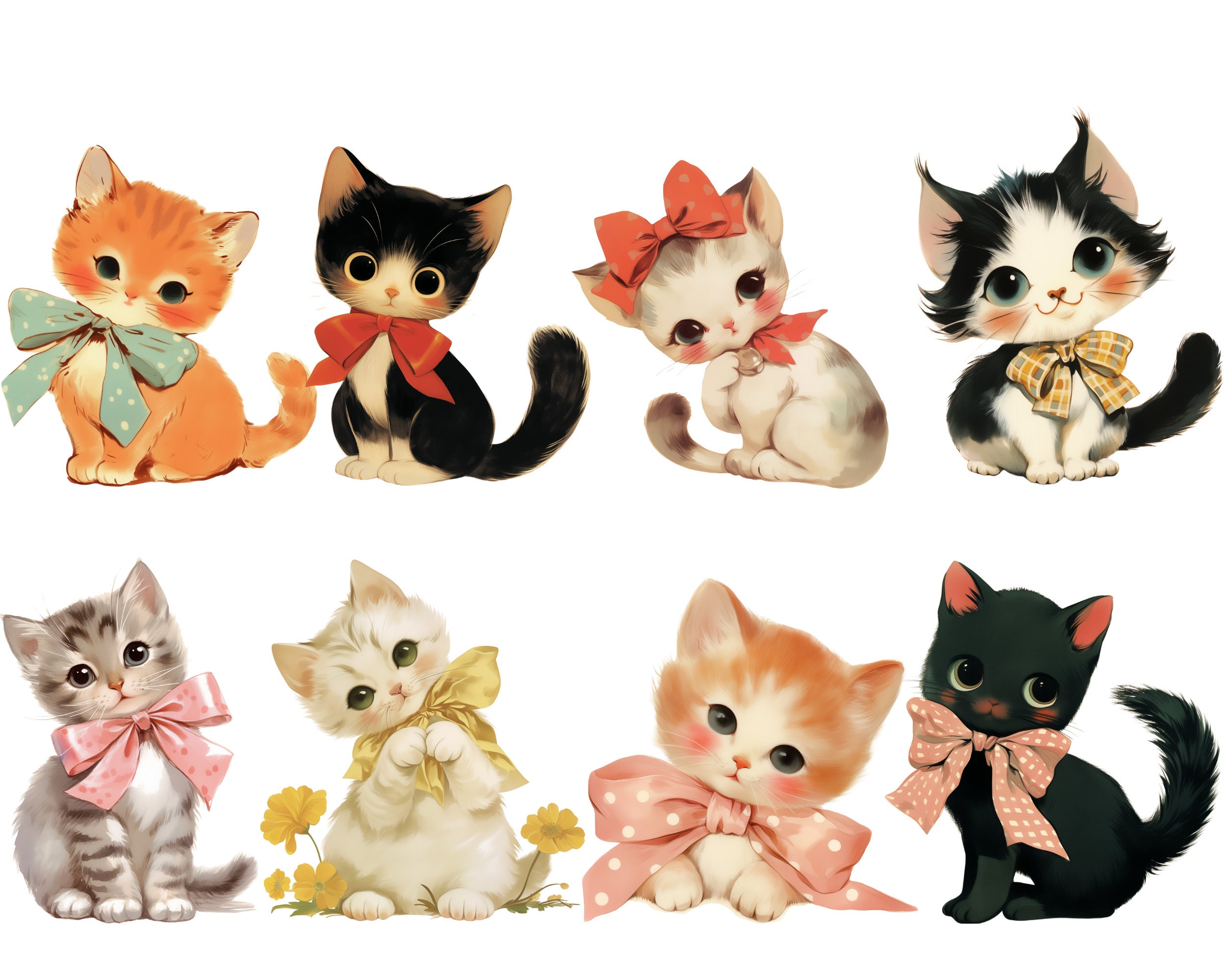 Vintage Cats CLIPART PNG Files, Retro Kitten Cute Kitty, Commercial Use ...