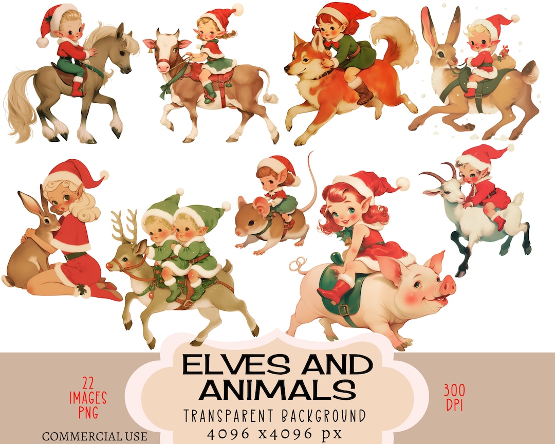 Christmas Elves With Animals CLIPART PNG Files Commercial Use ...
