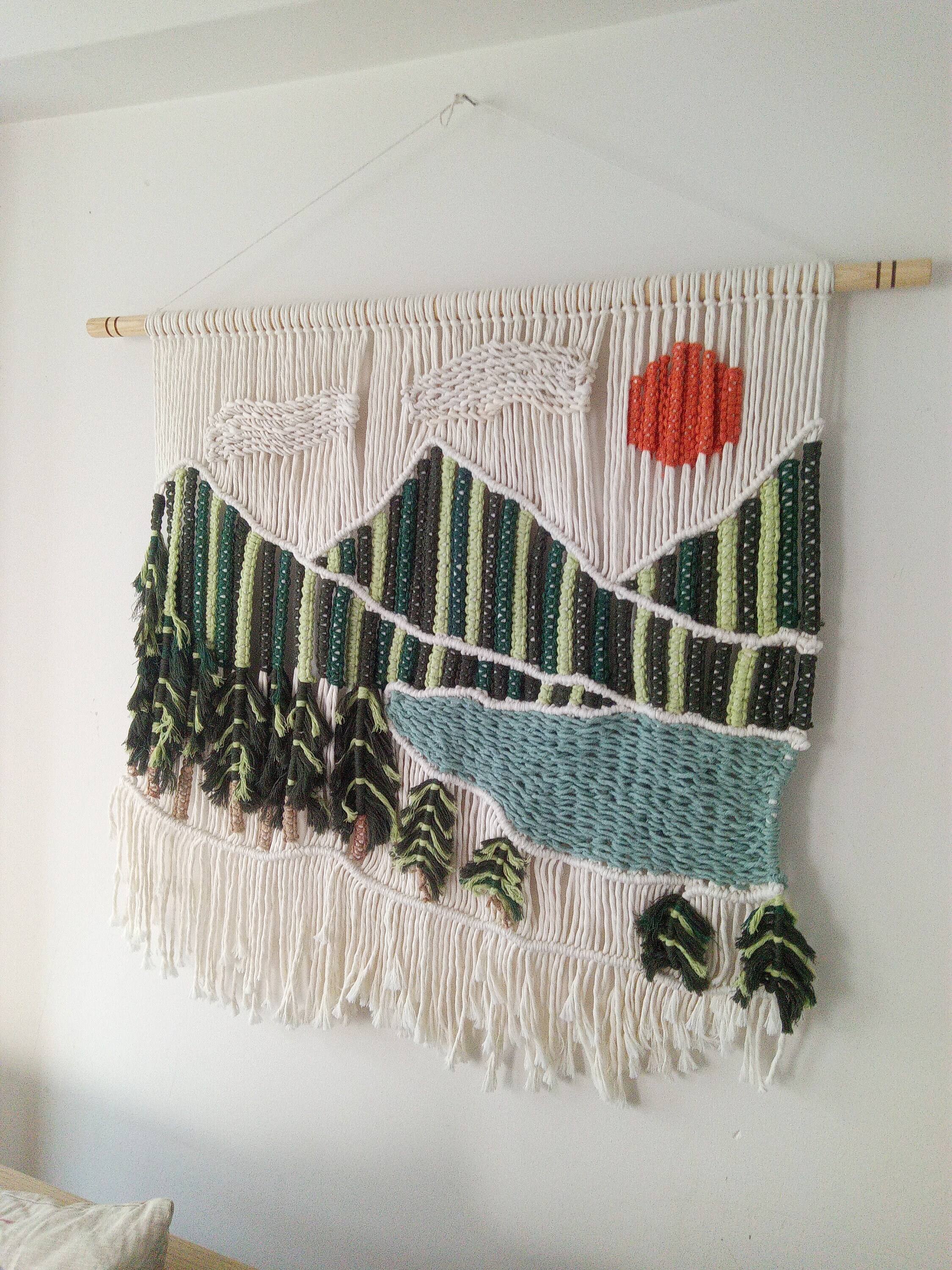 Green Forest Landscape Macrame Wall Hanging, Lake Tapestr, Hand Woven ...