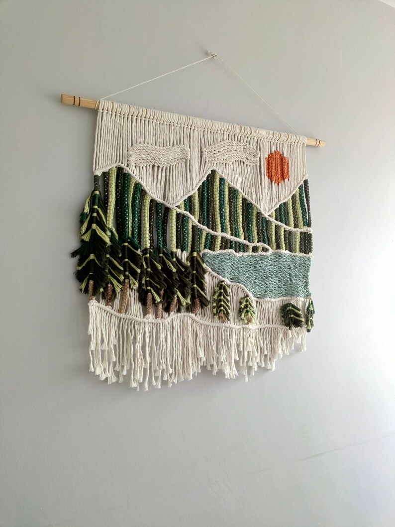 Textured Mountain Art Wall Macrame, Hand Woven Nature Lake Landscape ...