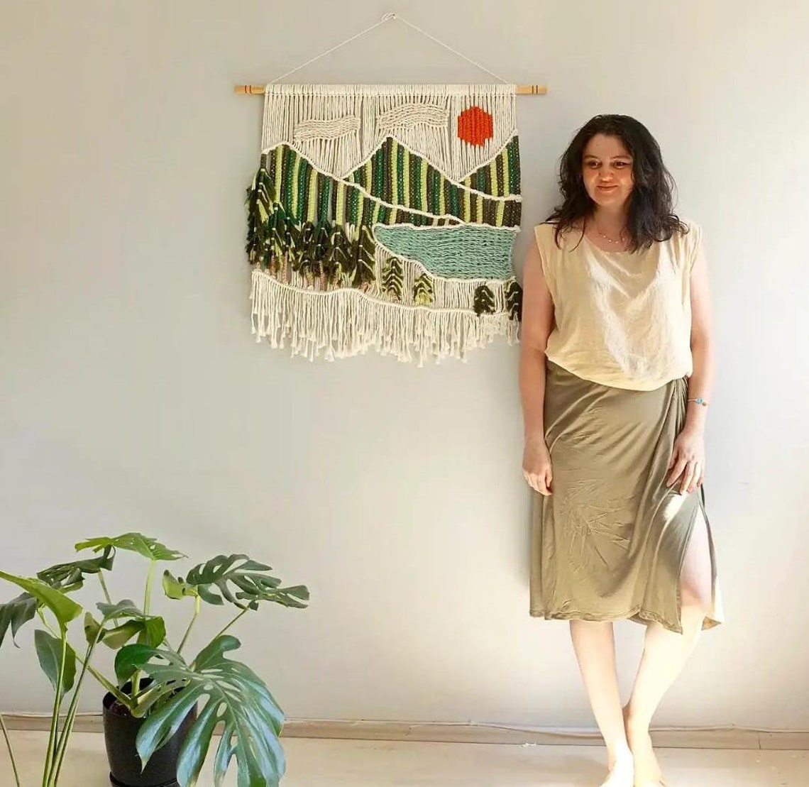 Custom Green Forest Macrame Wall Art Large, Hand Woven Lake Landscape ...