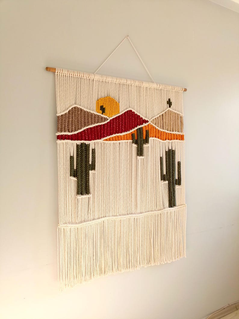 Southwestern Macrame Wall Art, Large Cactus Macrame Desert Landscape ...