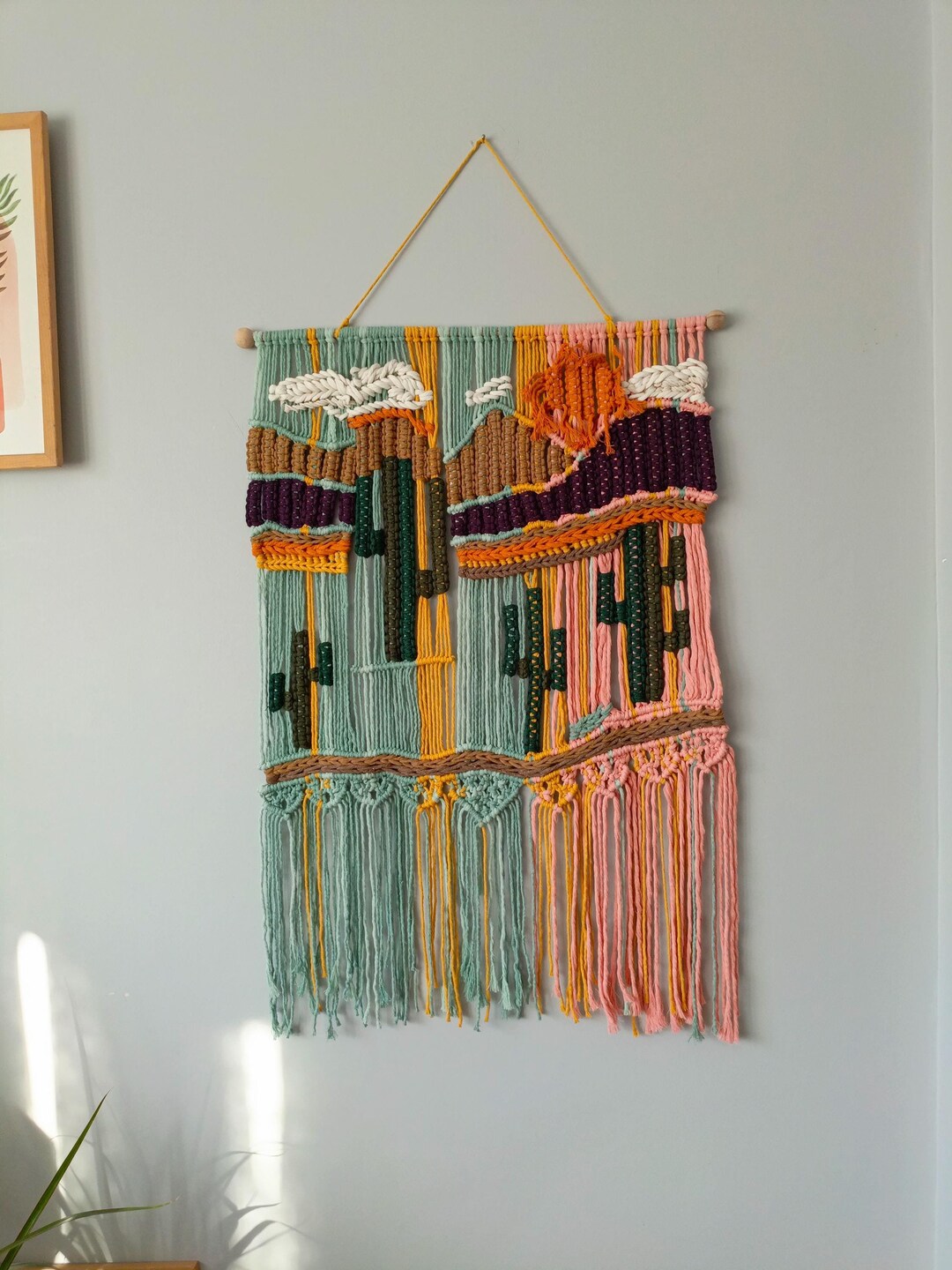 Colorful Desert Sunset Macrame Wall Hanging, Hand Woven Large Cactus ...
