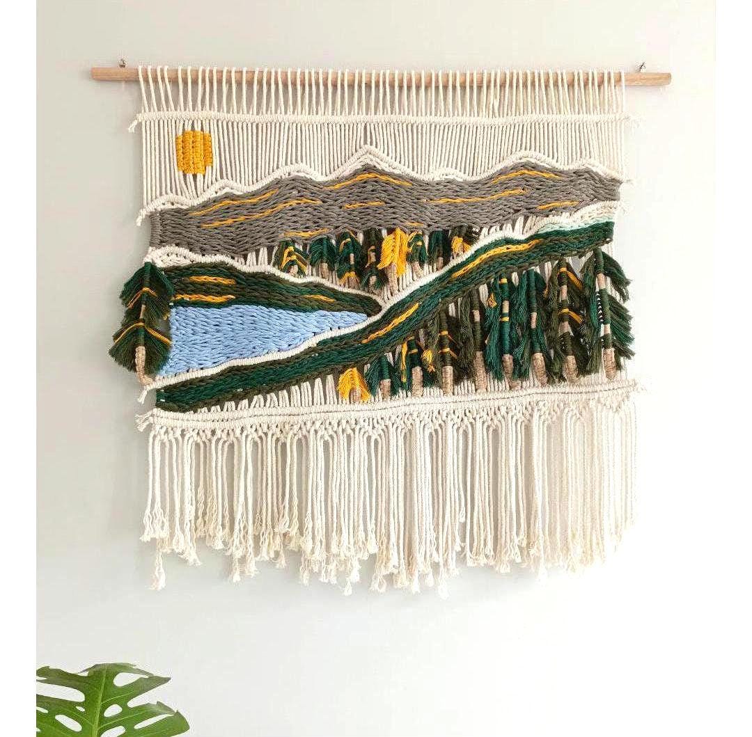 Large Mountain Macrame Wall Hanging, Modern Hand Woven Forest Landscape ...