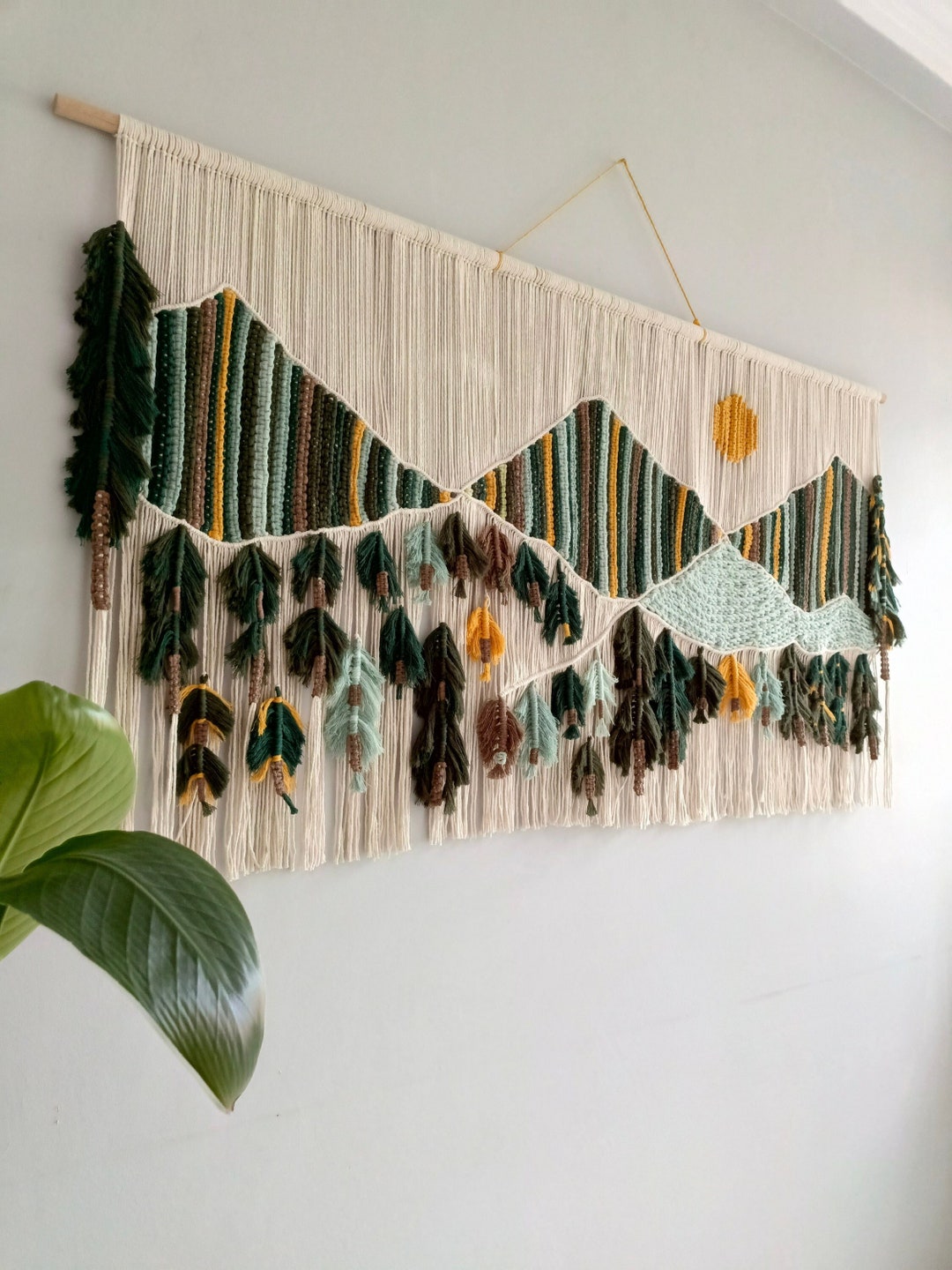 XXL Green Forest Wall Macrame Hanging, Modern Macrame Mountain Wall Art ...