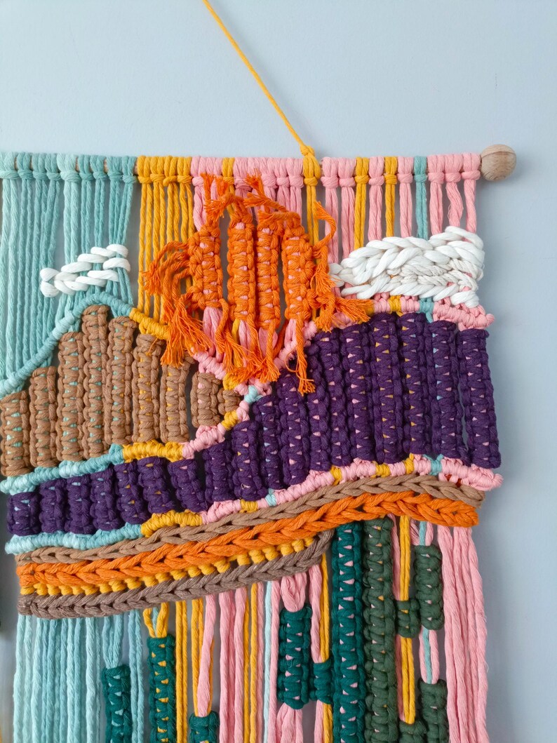 Colorful Desert Sunset Macrame Wall Hanging, Hand Woven Large Cactus ...