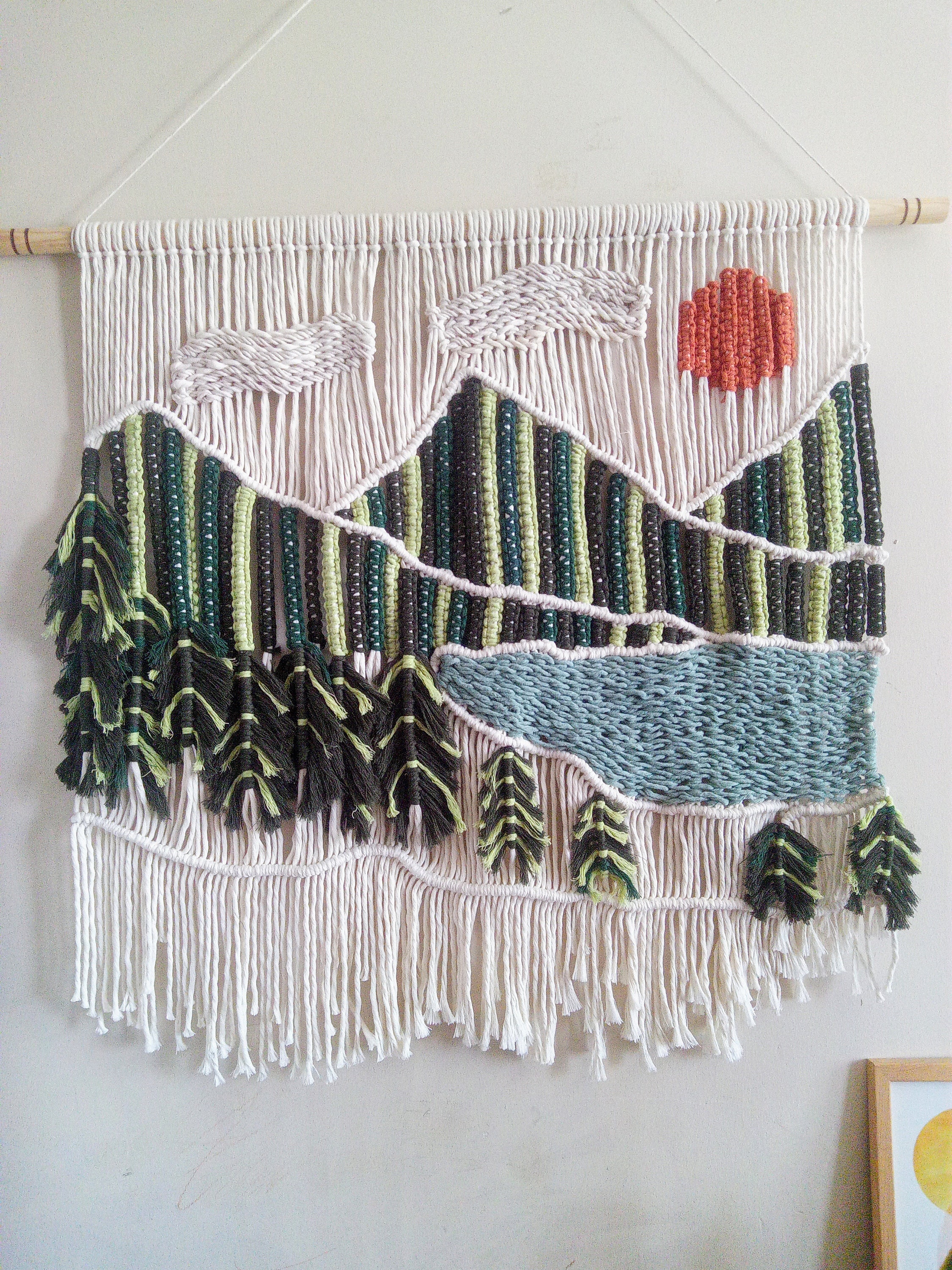 Green Forest Landscape Macrame Wall Hanging, Lake Tapestr, Hand Woven ...