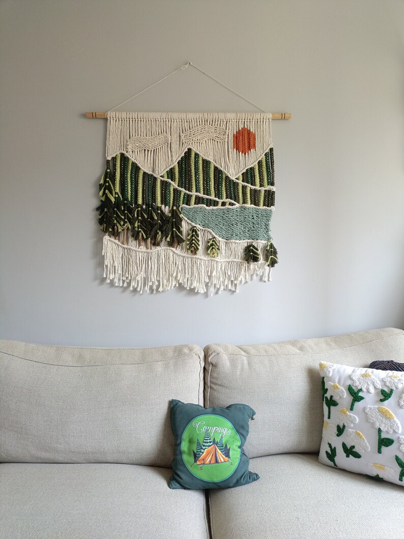 Textured Mountain Art Wall Macrame, Hand Woven Nature Lake Landscape ...