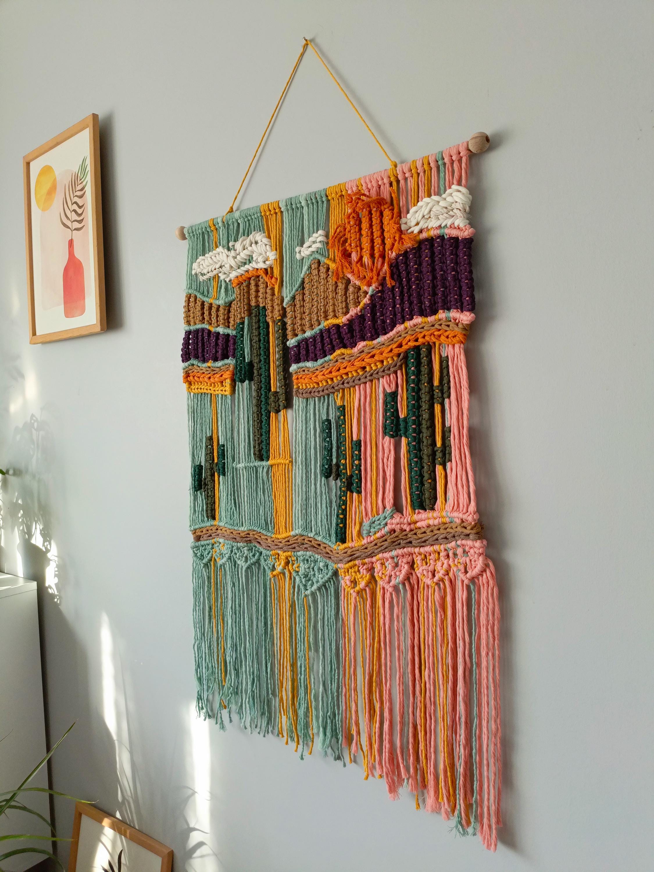 Colorful Desert Sunset Macrame Wall Hanging, Hand Woven Large Cactus ...