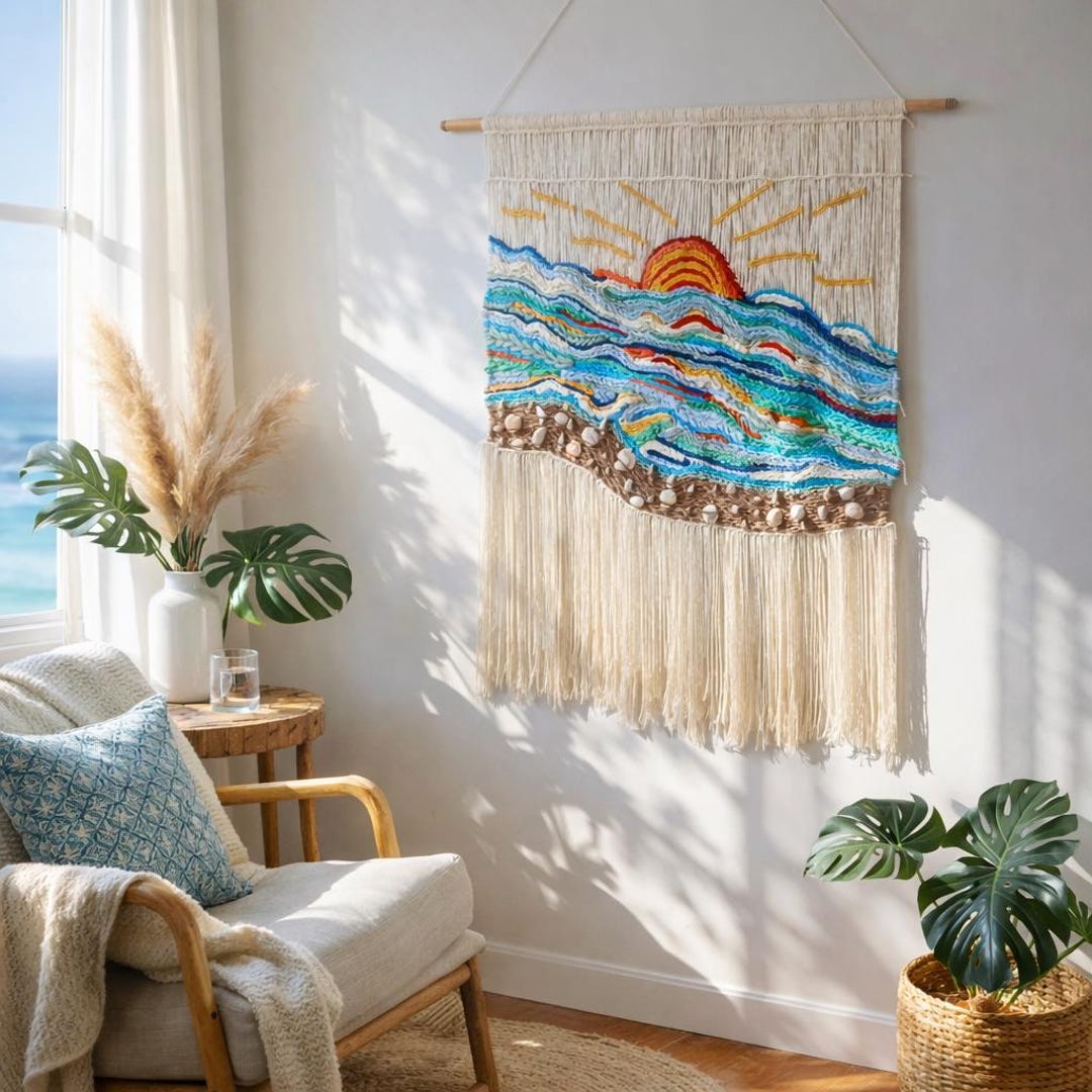 Sunrise Ocean Macrame Wall Hanging: Woven Wave Tapestry, Coastal Boho ...