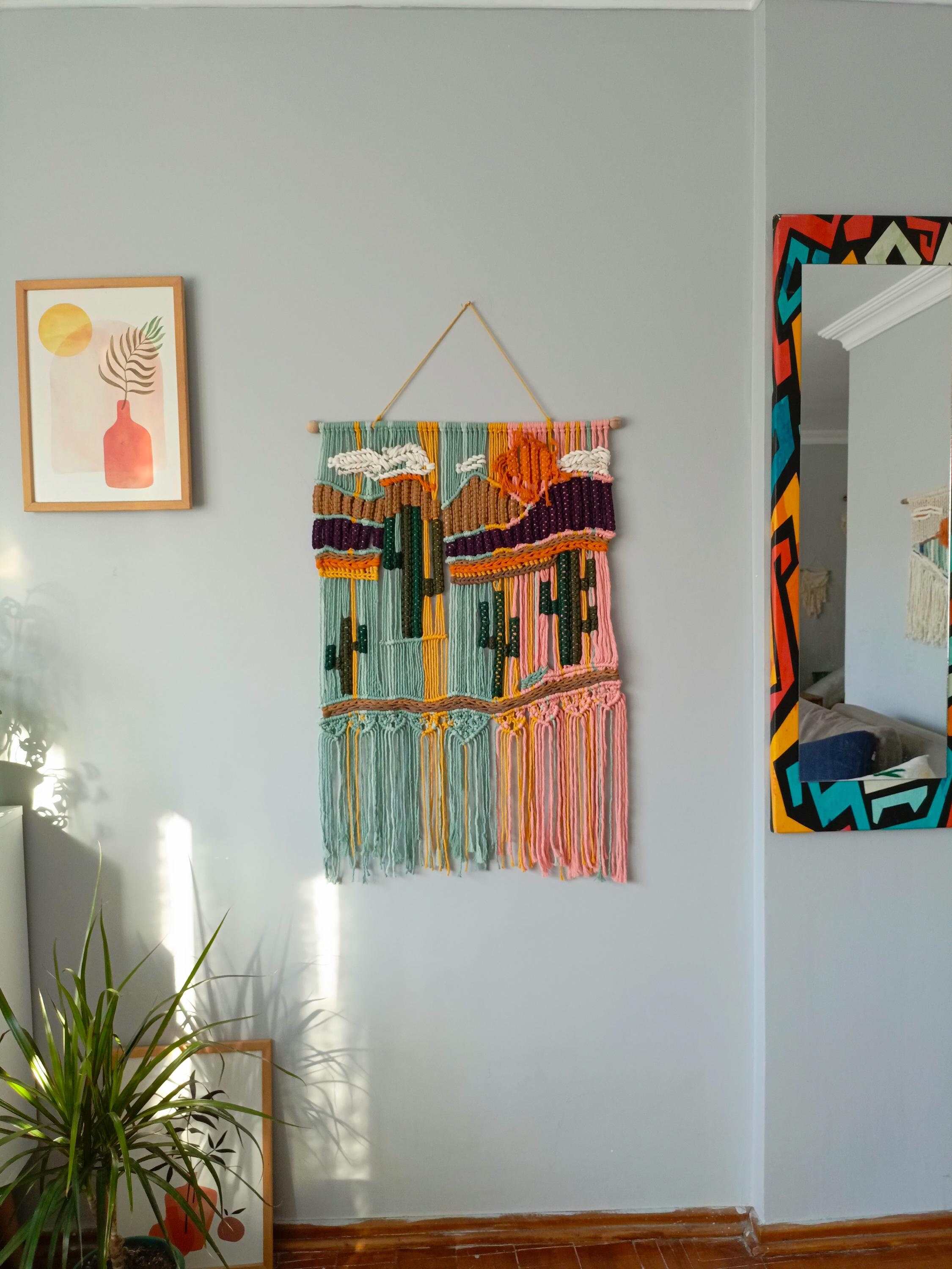 Colorful Desert Sunset Macrame Wall Hanging, Hand Woven Large Cactus ...