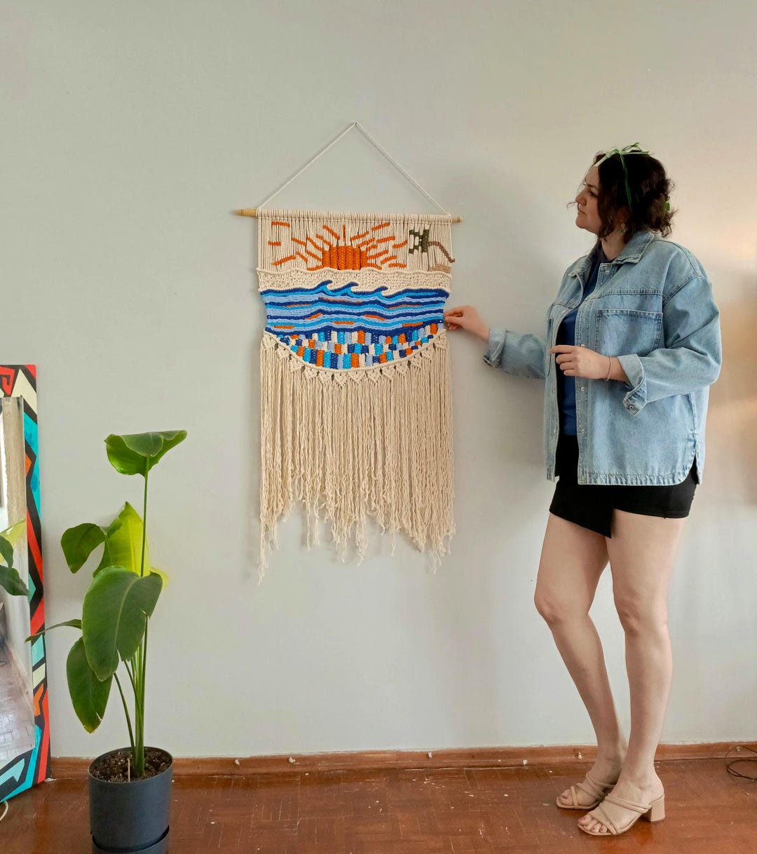 Long Narrow Beach & Sunset Macrame Wall Art With Waves and Palm Tree, Colorful Aesthetic Woven ...
