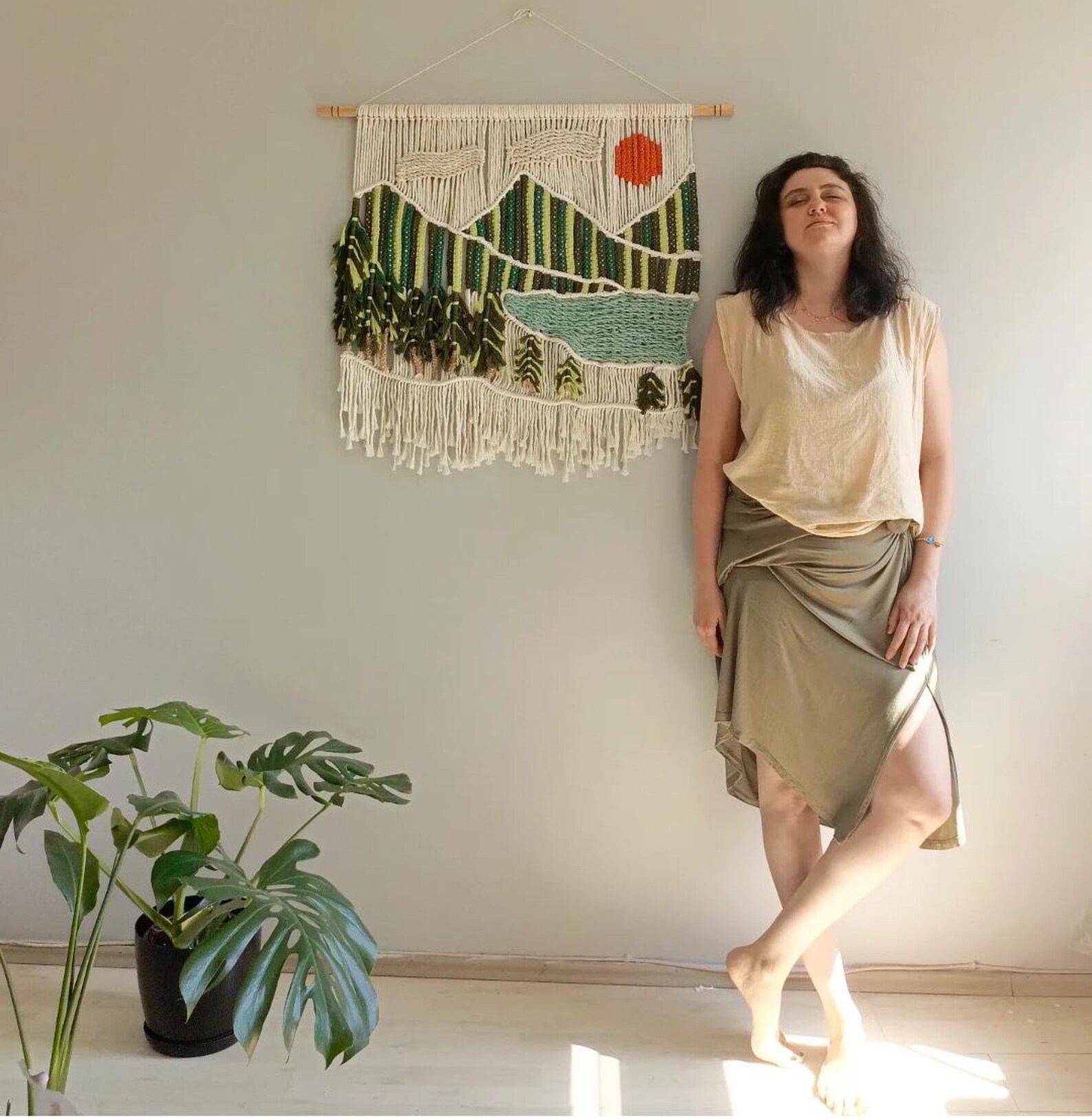 Custom Green Forest Macrame Wall Art Large, Hand Woven Lake Landscape ...