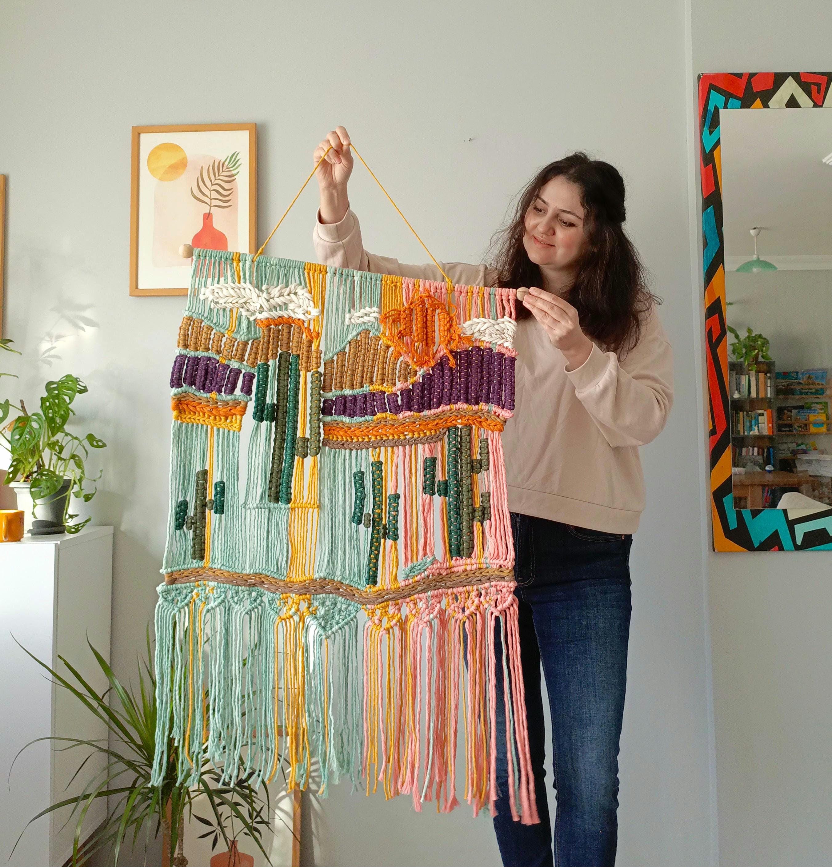 Colorful Desert Sunset Macrame Wall Hanging, Hand Woven Large Cactus ...