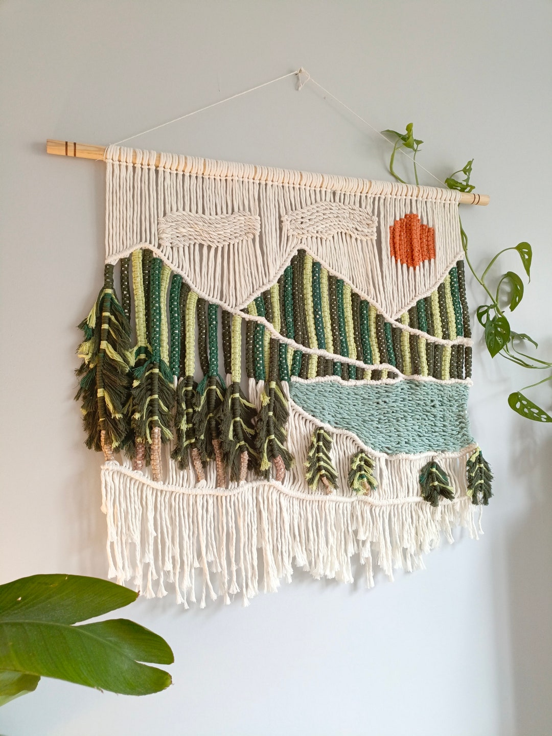 Green Macrame Landscape, Mountain Wall Hanging, Pine Tree, Lake ...