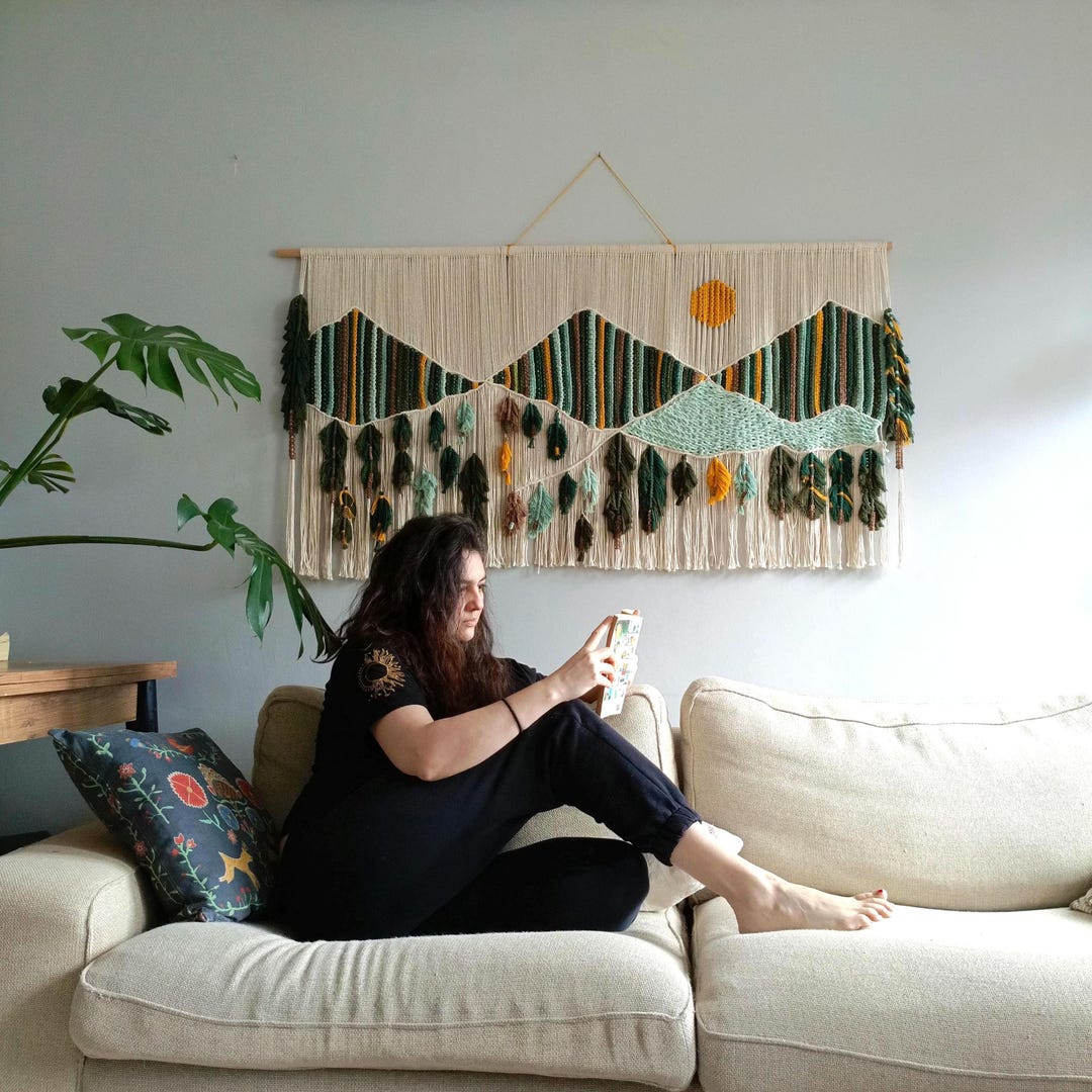 X Large Green Macrame Mountain & Forest Wall Hanging Handwoven Pine ...