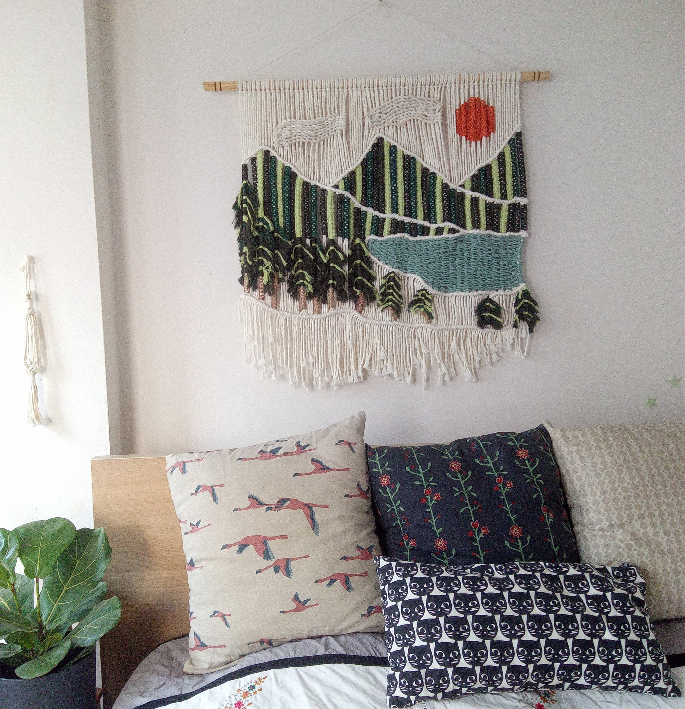 Green Forest Landscape Macrame Wall Hanging, Lake Tapestr, Hand Woven ...