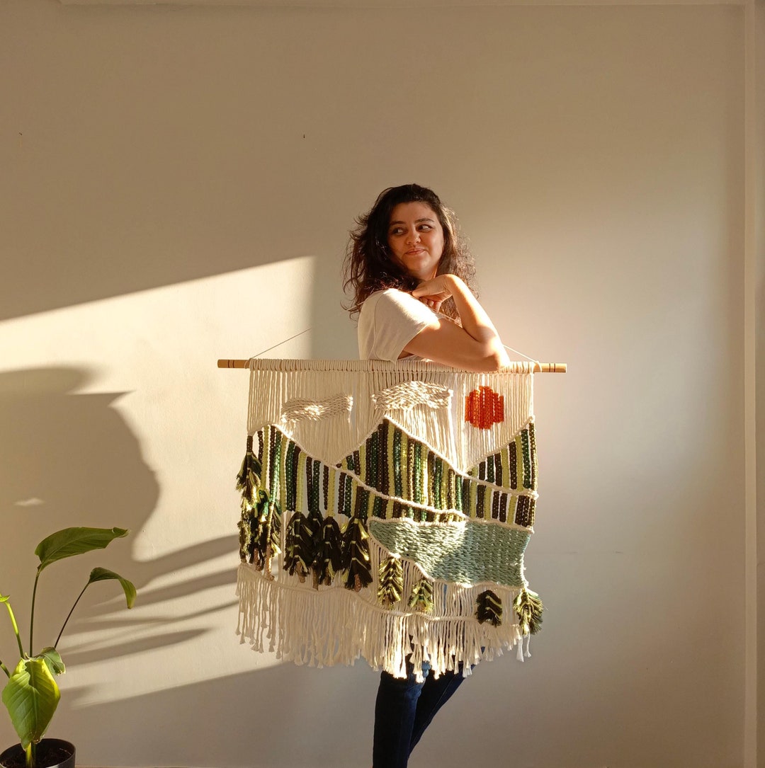 Green Mountain Landscape Macrame Wall Hanging, Large Modern Hand Woven ...